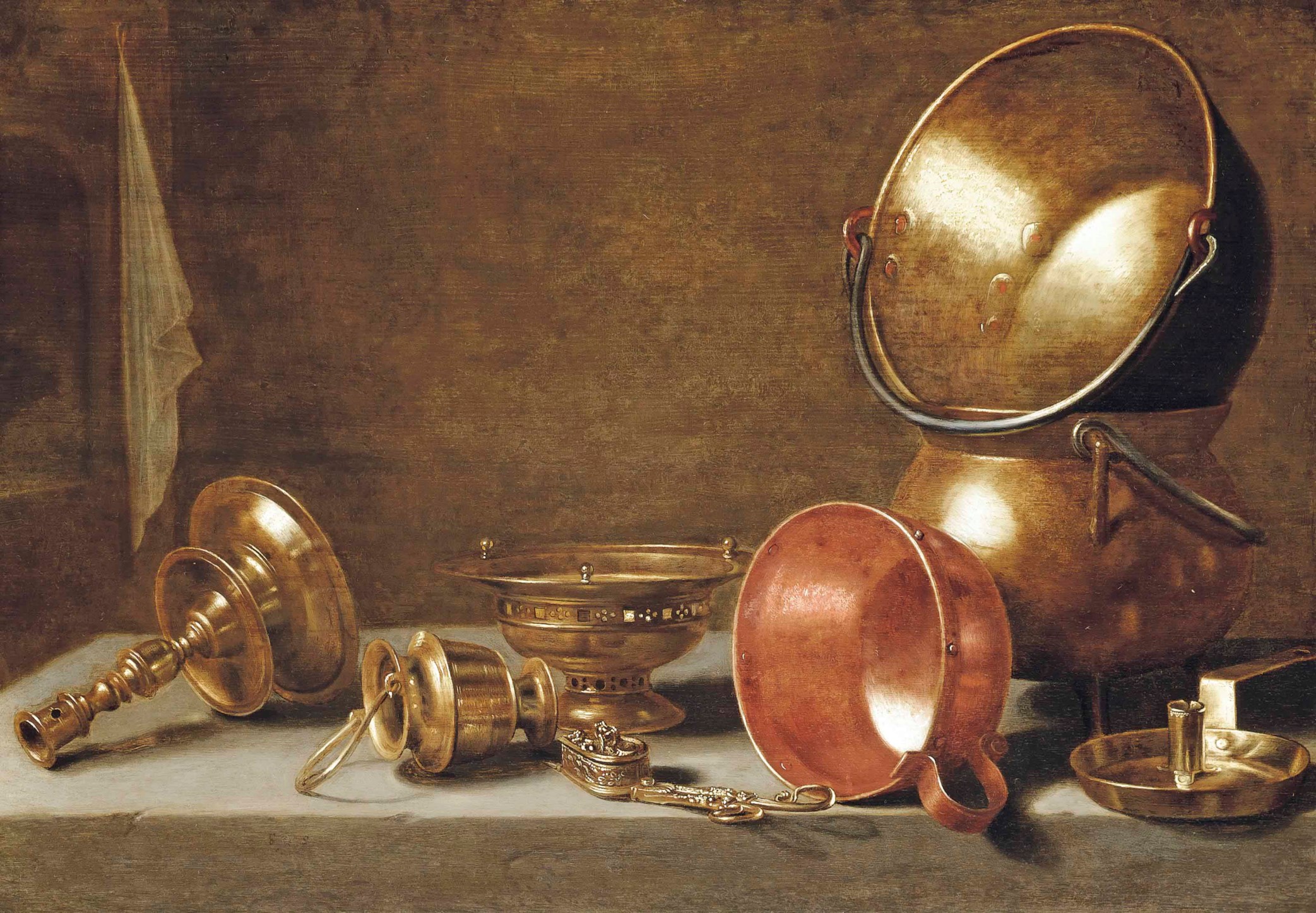 Floris van Schooten (? c. 1590-1656 Haarlem), Copper pots and pans, an ...