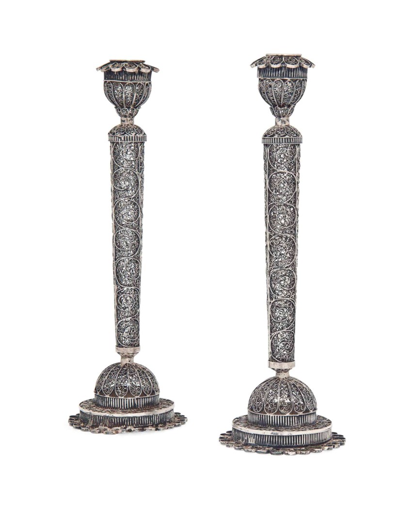 A PAIR OF SILVER FILIGREE CANDLESTICKS, PROBABLY KARIMNAGAR, DECCAN ...