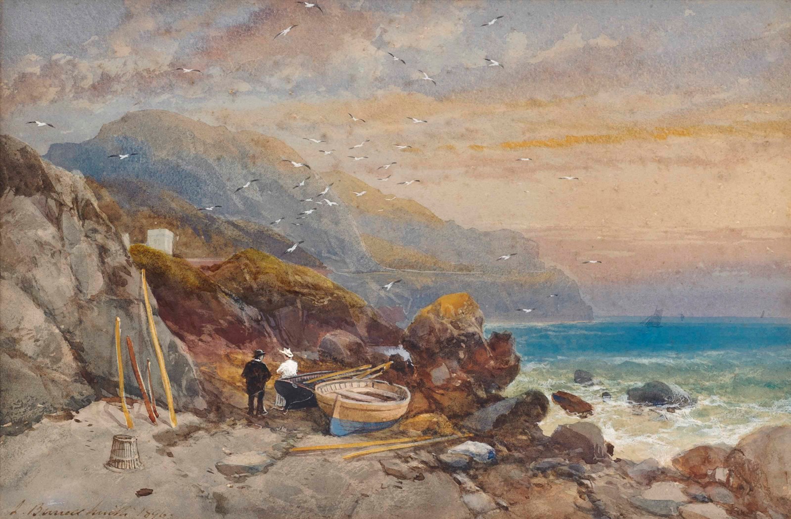 James Burrell Smith (1822-1897), Figures with beached boats on a rocky ...
