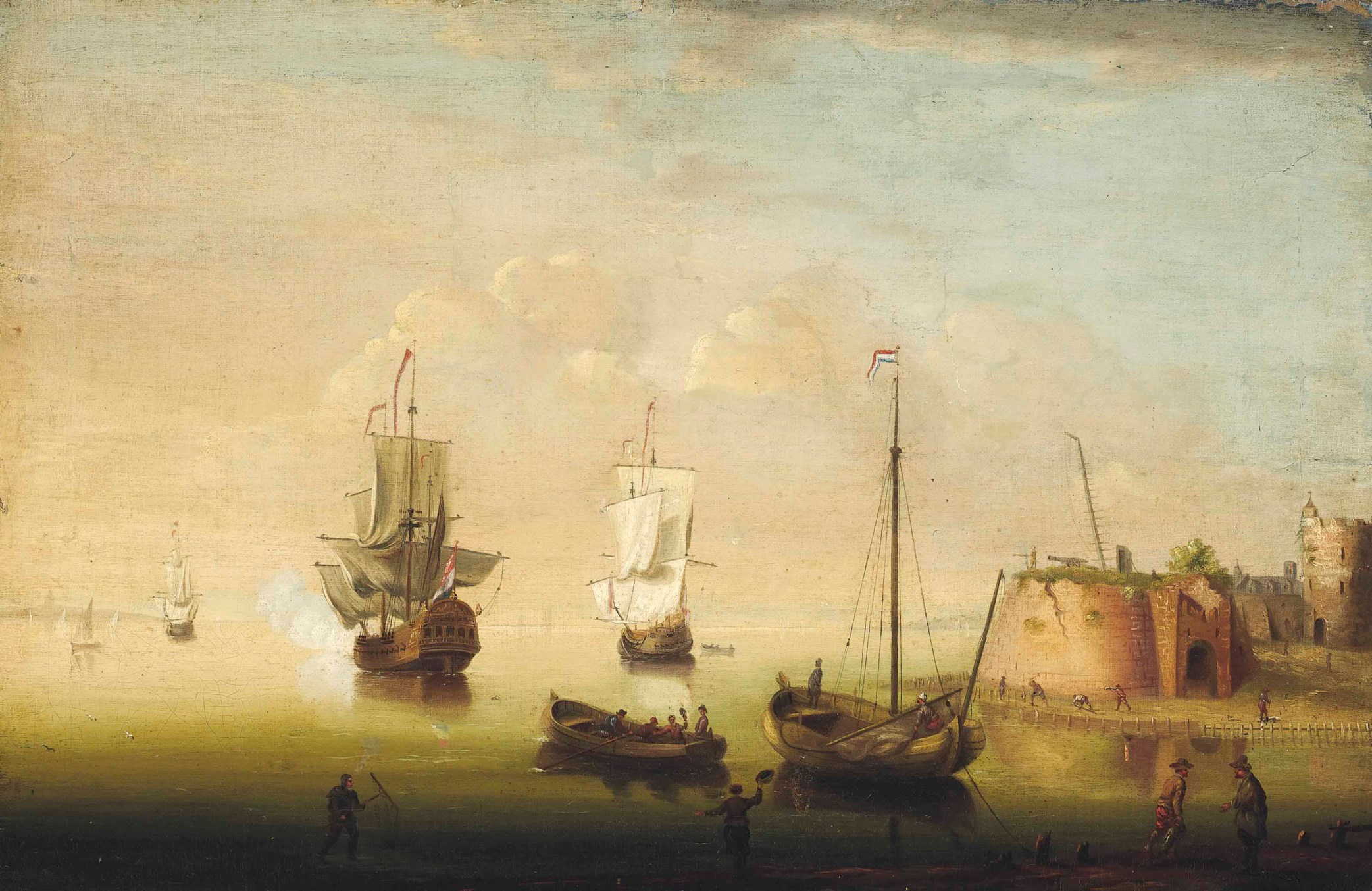 Circle of Adriaen Van Diest (The Hague 1655-1704), Shipping lying in a ...