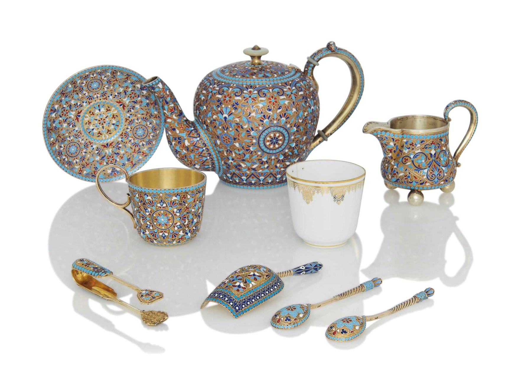 AN ASSEMBLED RUSSIAN SILVER-GILT AND CLOISONNÉ ENAMEL TEA SERVICE, MARK ...