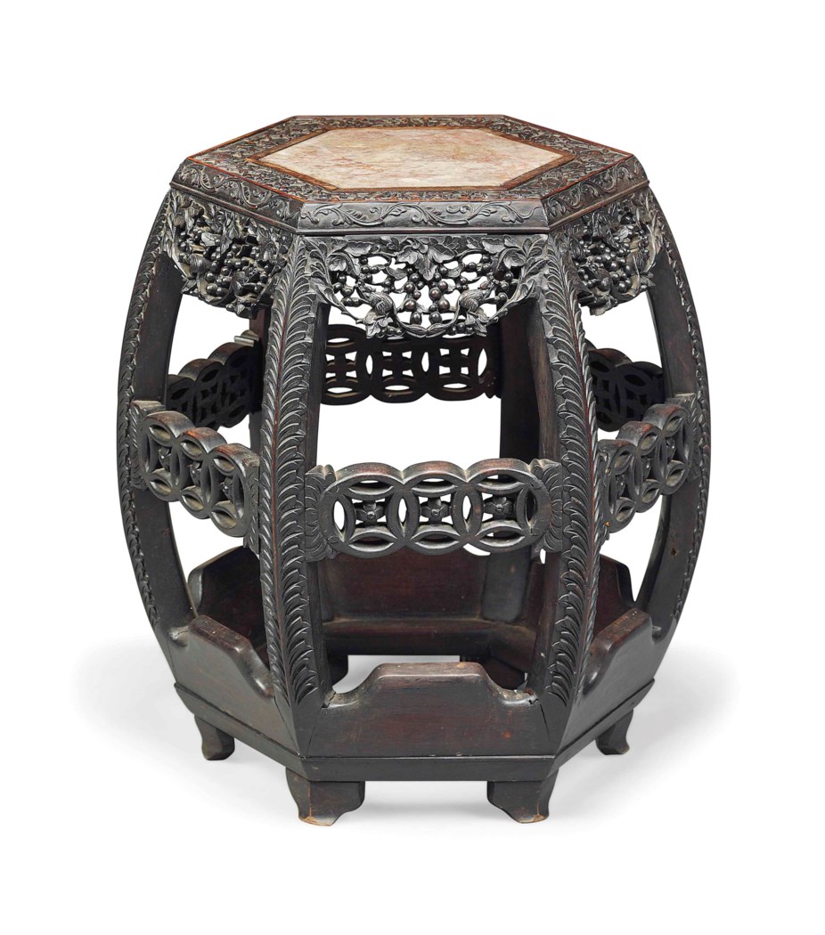 A CHINESE HONGMU HEXAGONAL BARREL SEAT, SECOND HALF 19TH CENTURY ...