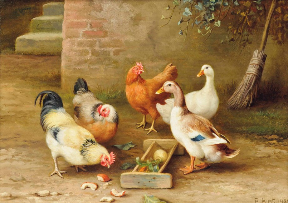 Edgar Hunt (1876-1955), Chickens and ducks in a farmyard | Christie's