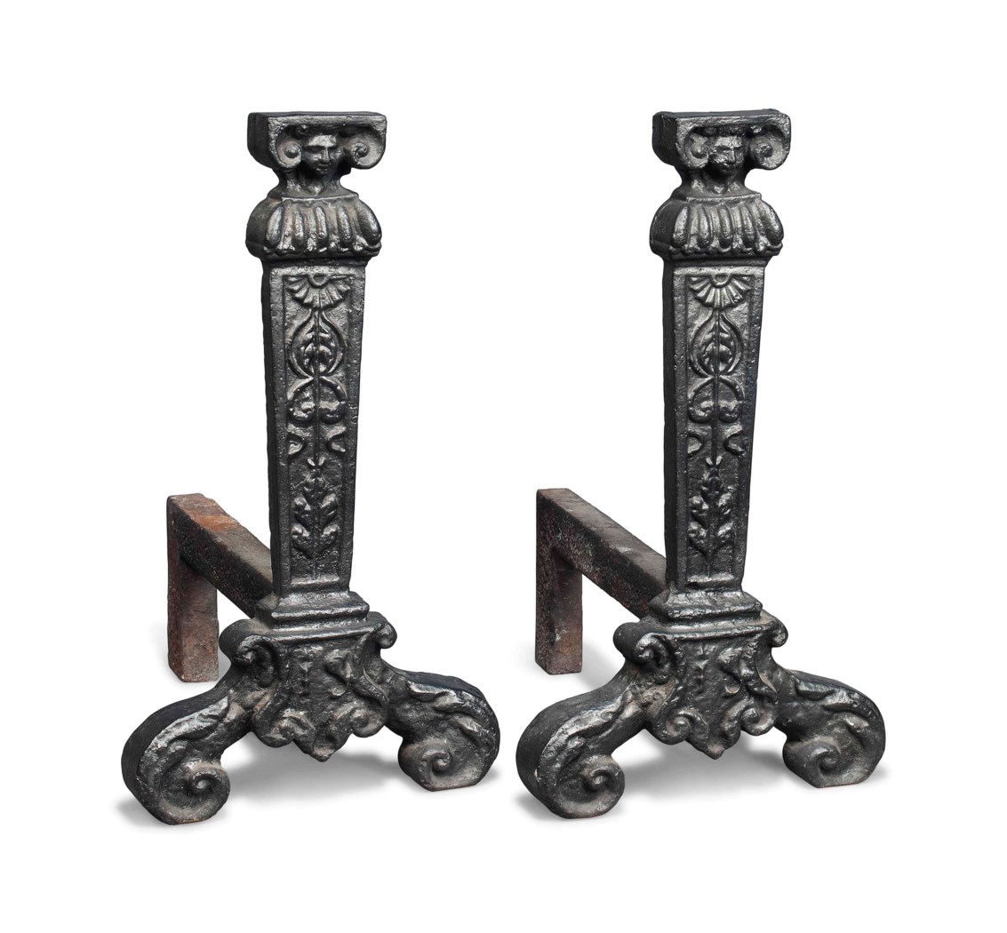 A LARGE PAIR OF CAST-IRON ANDIRONS, OF JACOBEAN STYLE, LATE 19TH ...