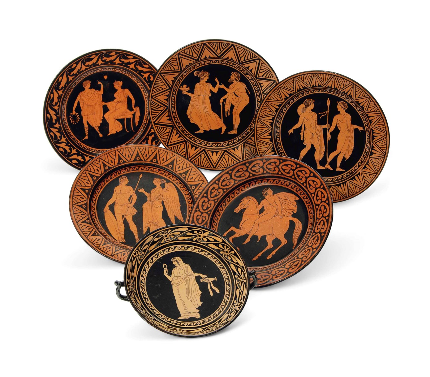 SIX ITALIAN REDWARE GREEK REVIVAL PLATES AND A TWO-HANDLED DISH, 19TH ...