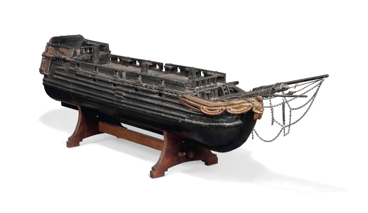 A LARGE GEORGE III PAINTED WOOD SHIP MODEL, LATE 18TH / EARLY 19TH ...
