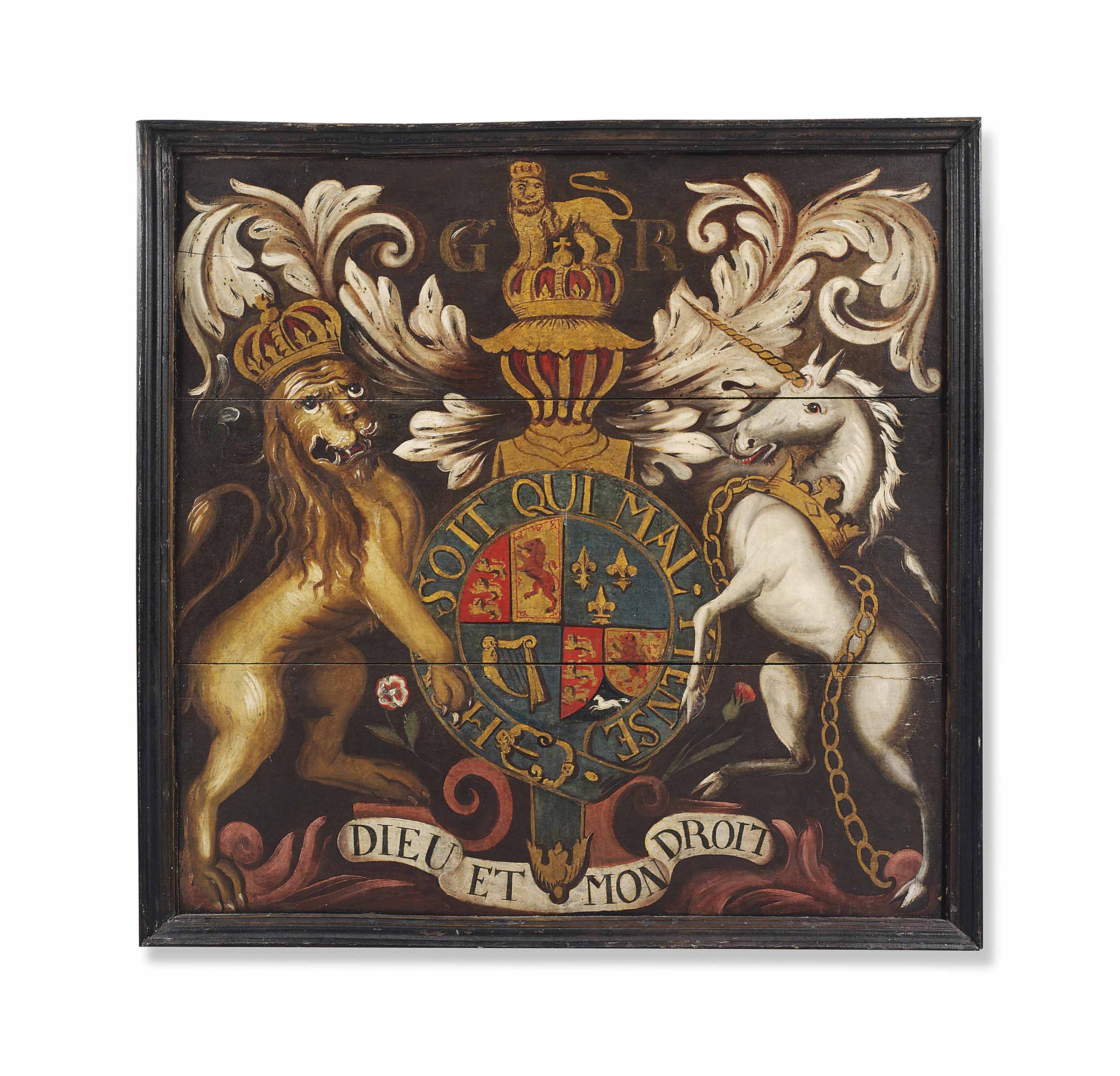 A GEORGE III POLYCHROME-PAINTED ROYAL COAT-OF-ARMS