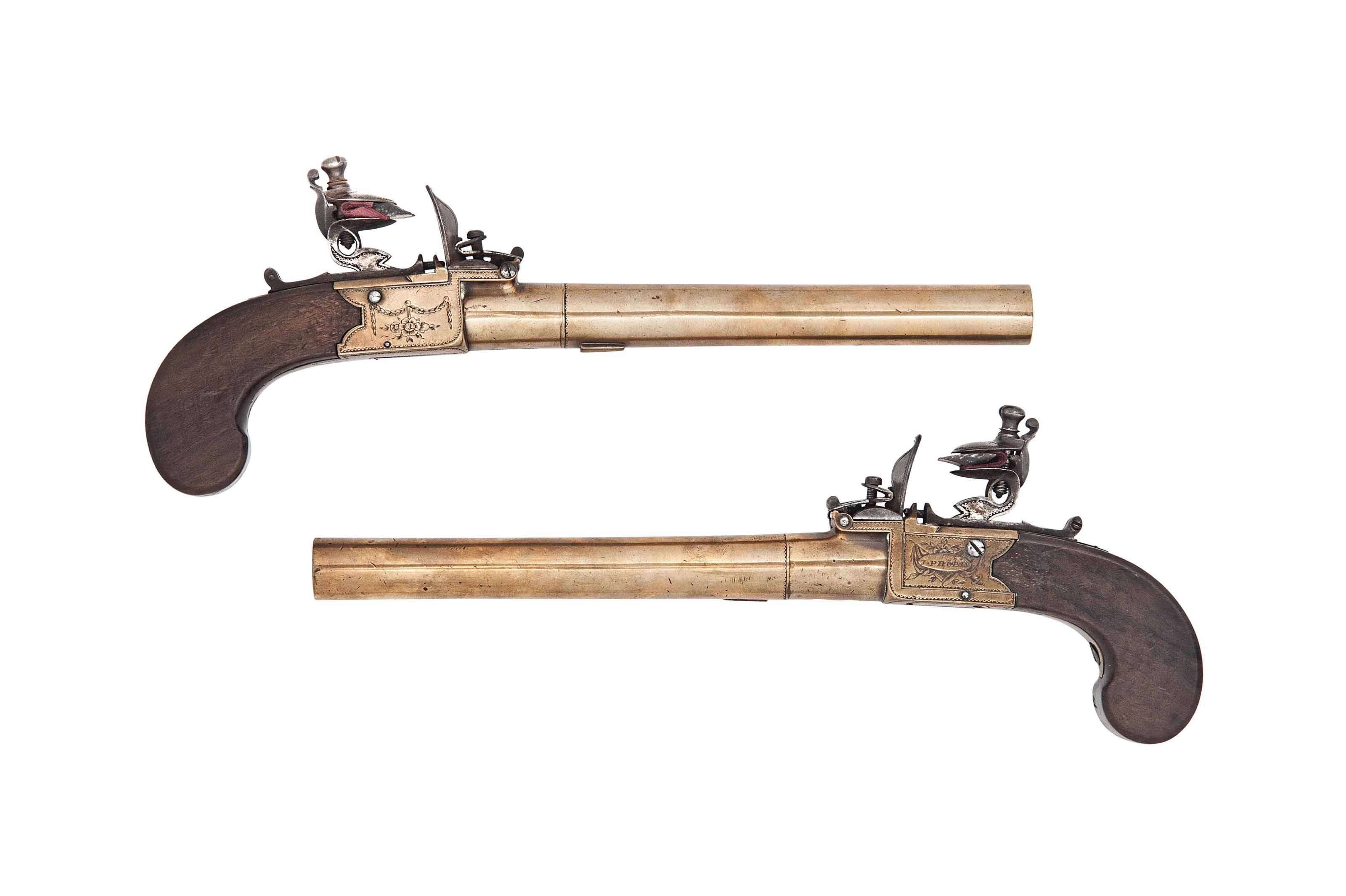 A LARGE PAIR OF BRASS FLINTLOCK BOXLOCK PISTOLS