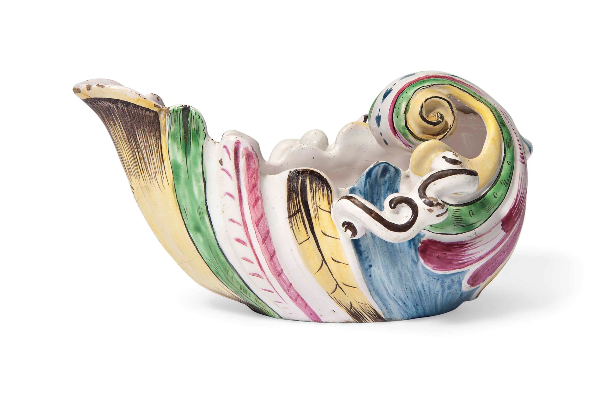 A PROSKAU FAYENCE SHELL-SHAPED POLYCHROME SAUCEBOAT