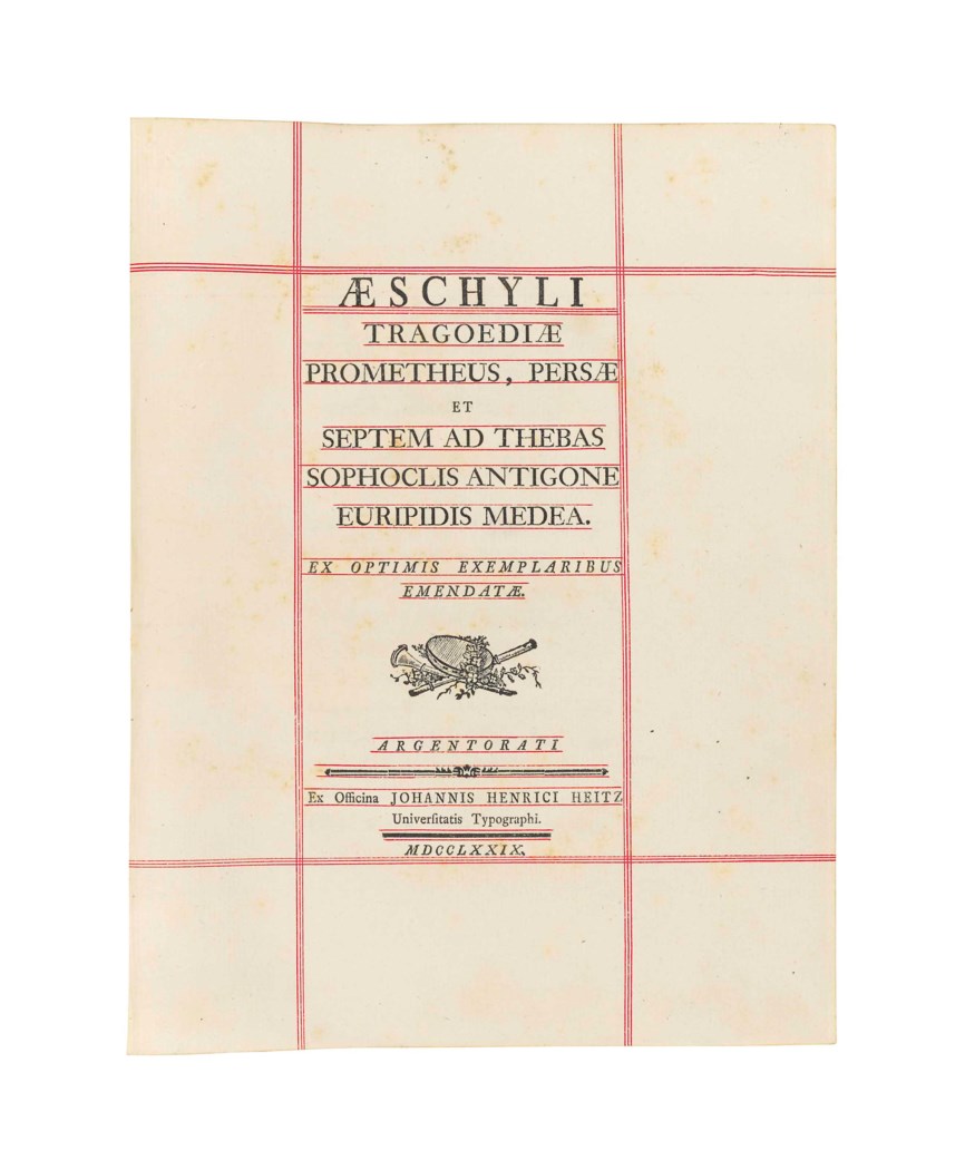 AESCHYLUS, SOPHOCLES & EURIPEDES. Tragoediae, in Greek. Strasbourg ...