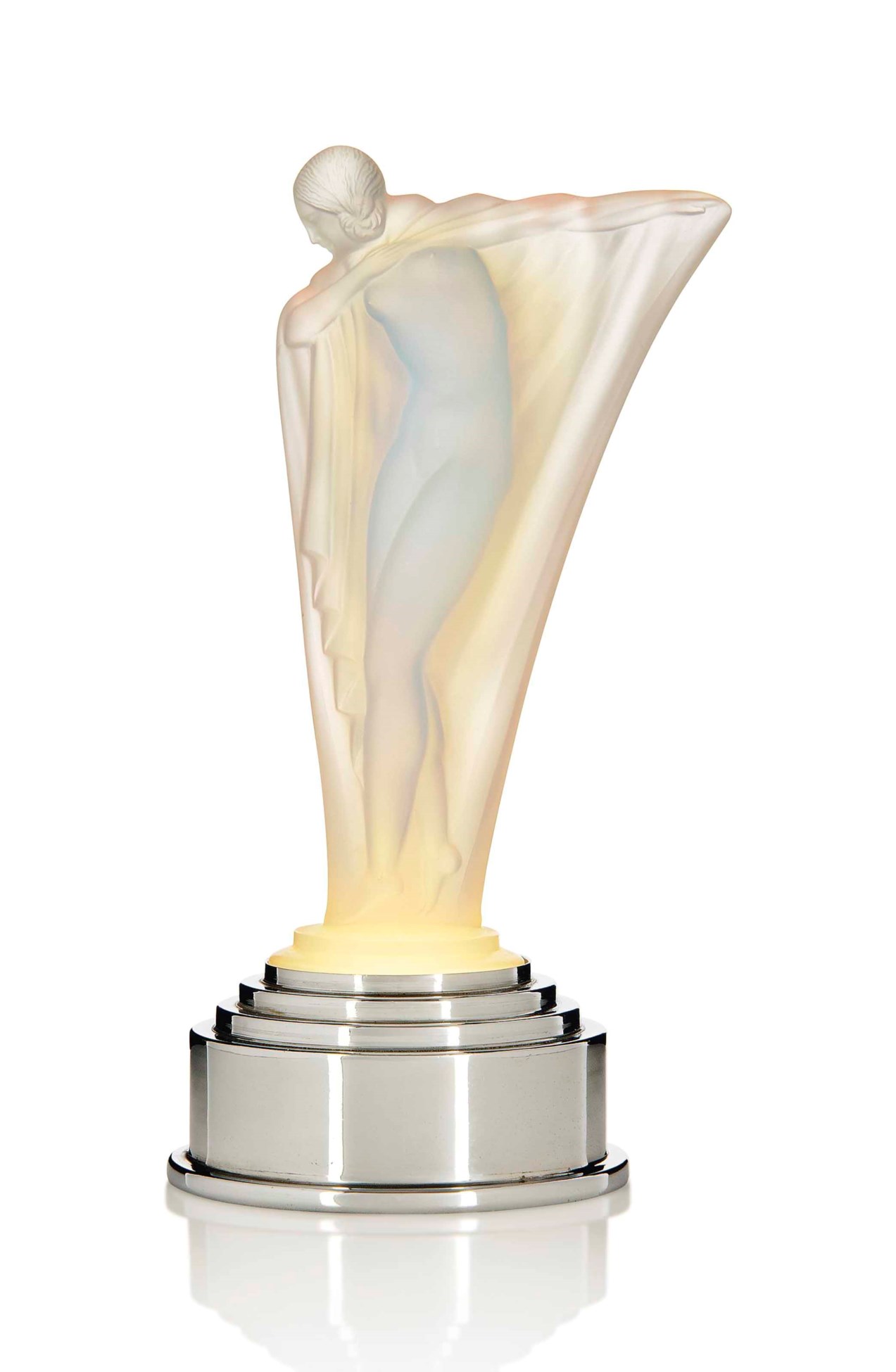 AN ETLING OPALESCENT GLASS FIGURE WITH ILLUMINATED CHROMIUM PLATED BASE ...