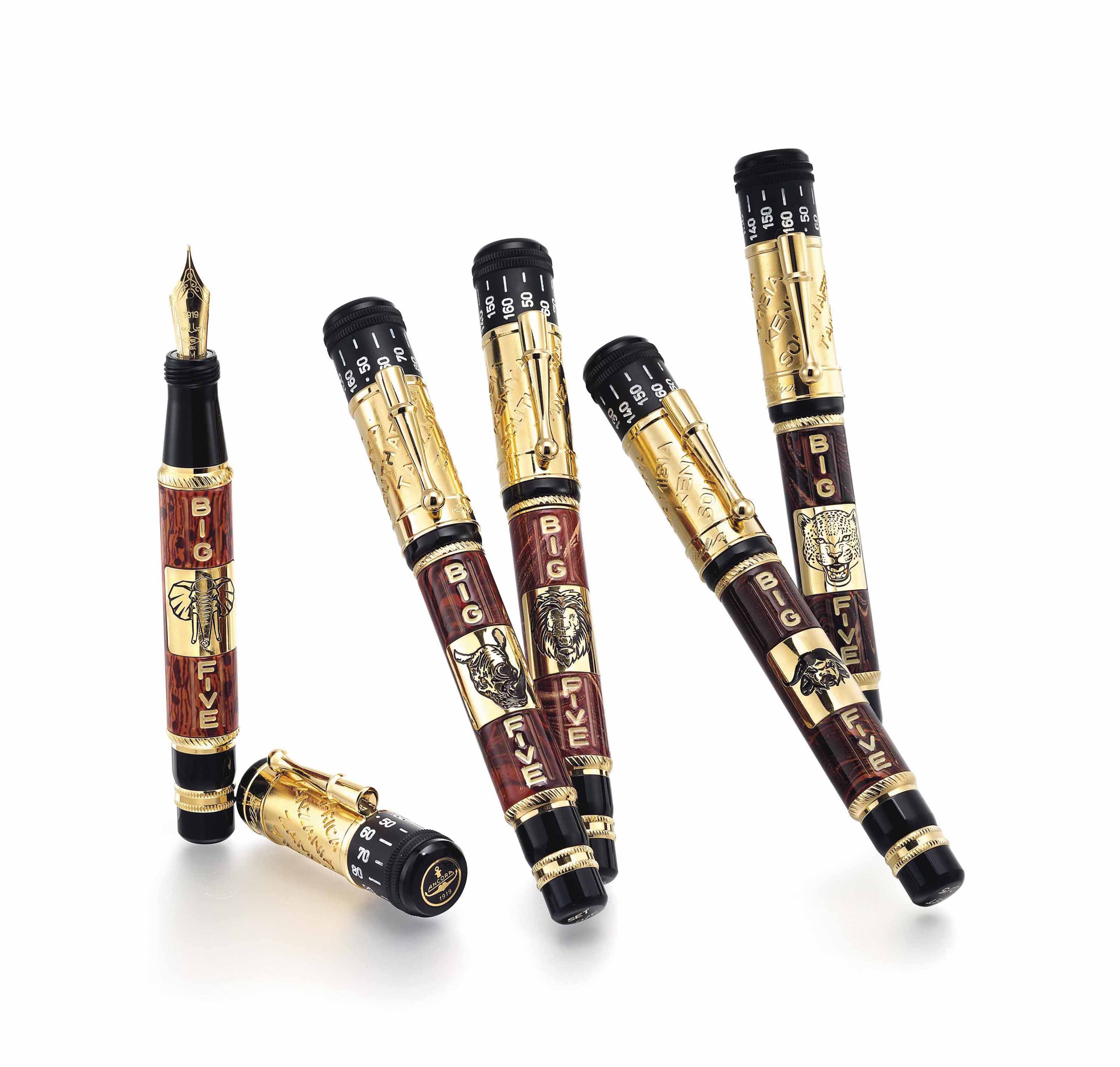 ANCORA. A RARE SET OF 5 GOLD-PLATED AND RESIN FOUNTAIN PENS