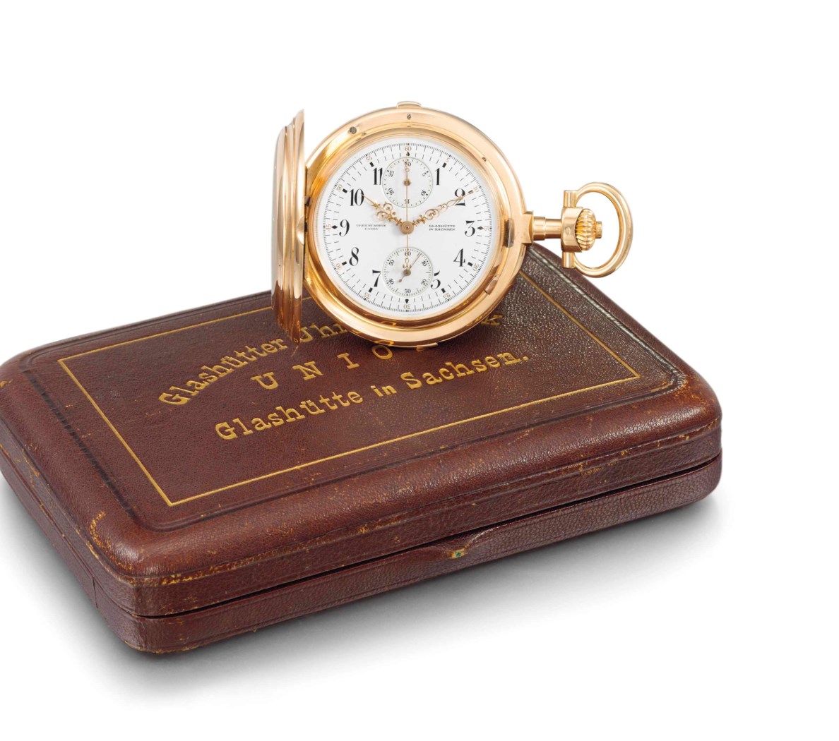 Uhrenfabrik Union. A fine and rare 18K gold hunter case minute ...