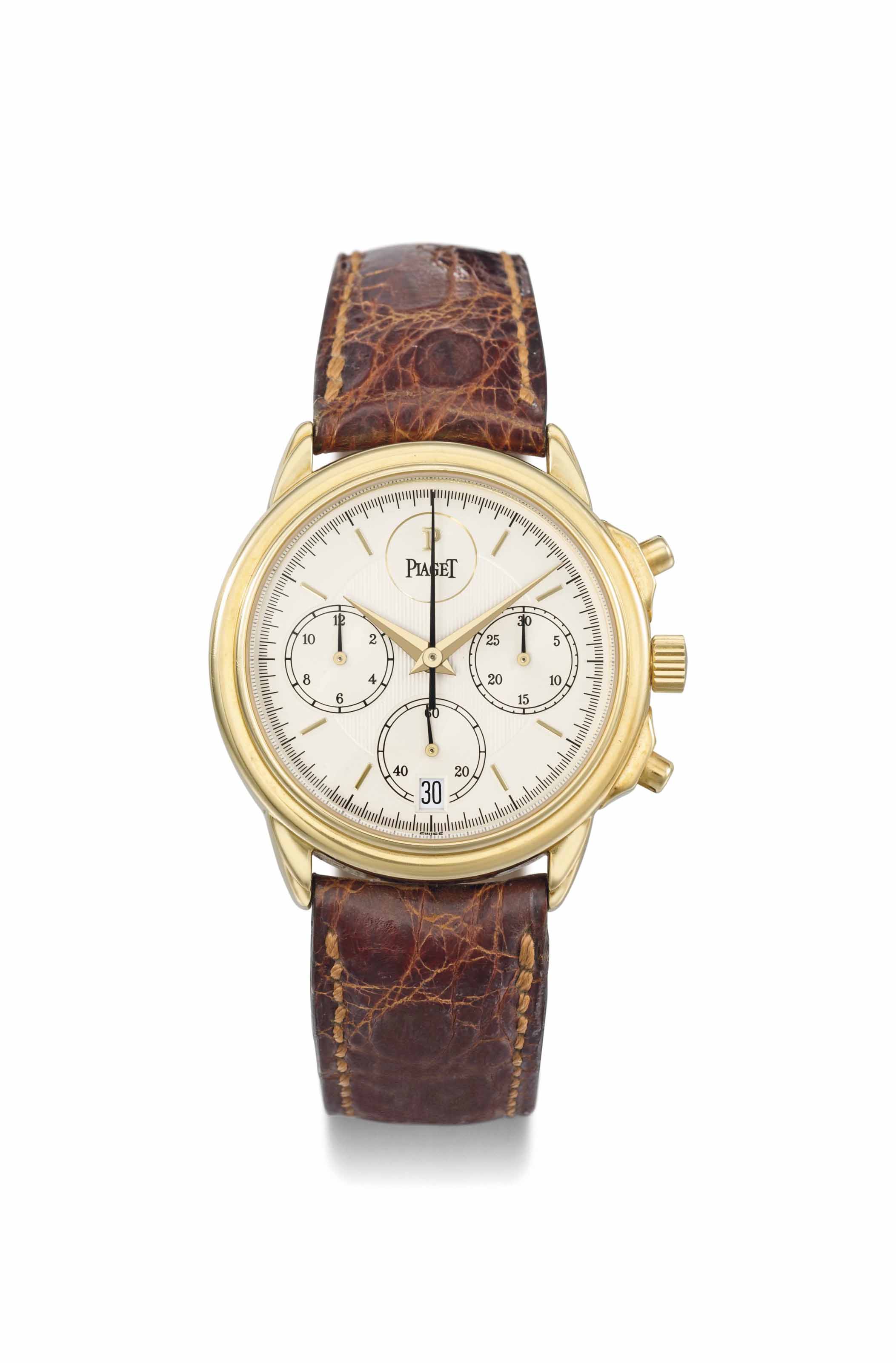 Piaget. A fine 18K gold automatic chronograph wristwatch with date ...