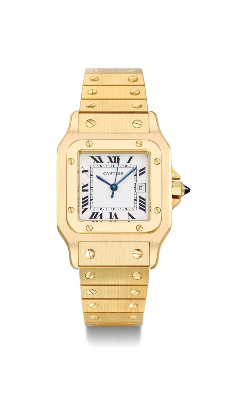 Cartier. A heavy 18K gold square-shaped wristwatch with sweep centre ...