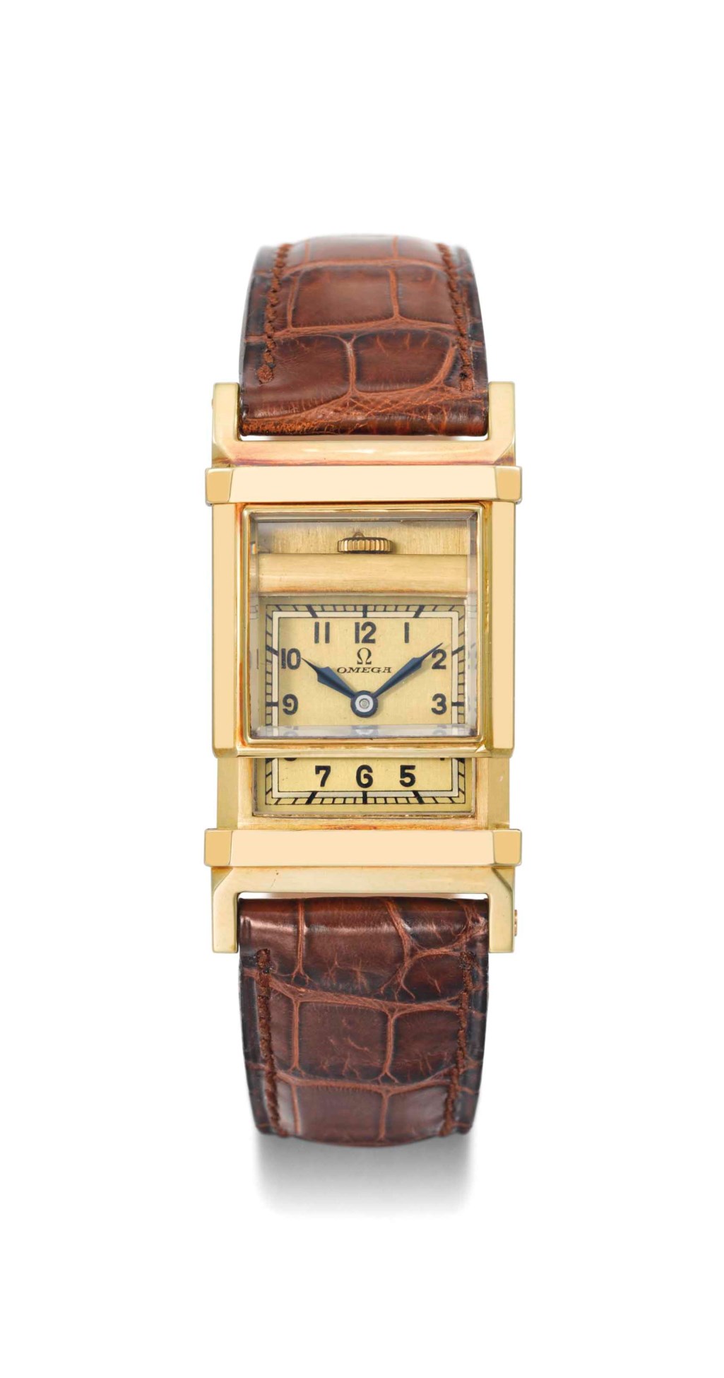 Omega. An early 18K gold square wristwatch with sliding case and hooded ...