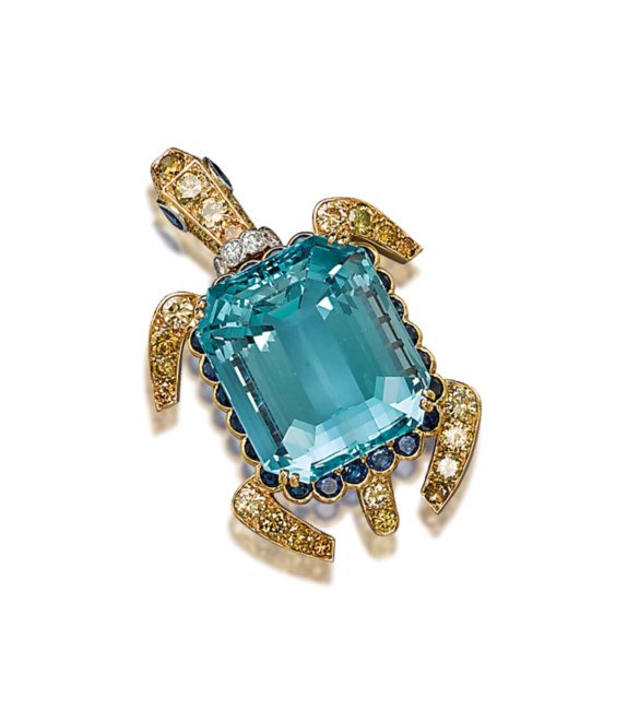 AN AQUAMARINE, SAPPHIRE, COLOURED DIAMOND AND DIAMOND TURTLE BROOCH, BY ...