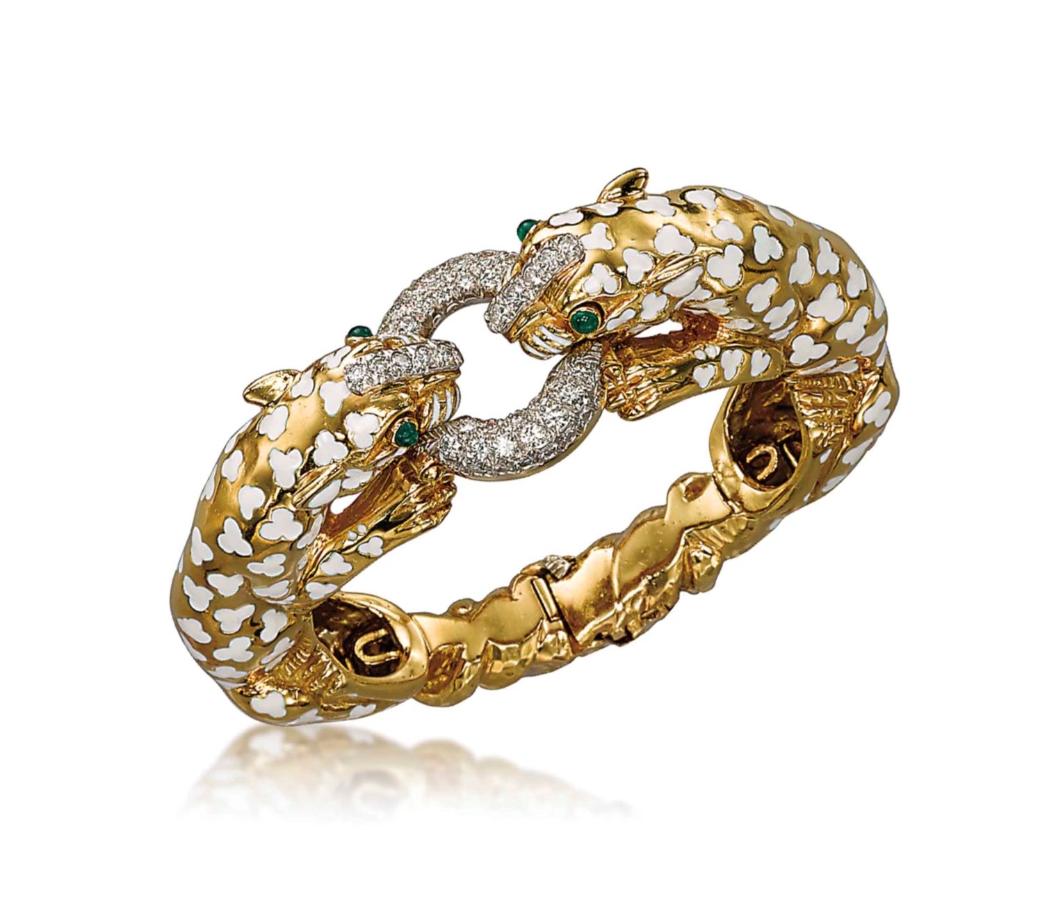 AN ENAMEL, EMERALD AND DIAMOND 'DOUBLE-HEADED LEOPARD' BANGLE, BY DAVID ...