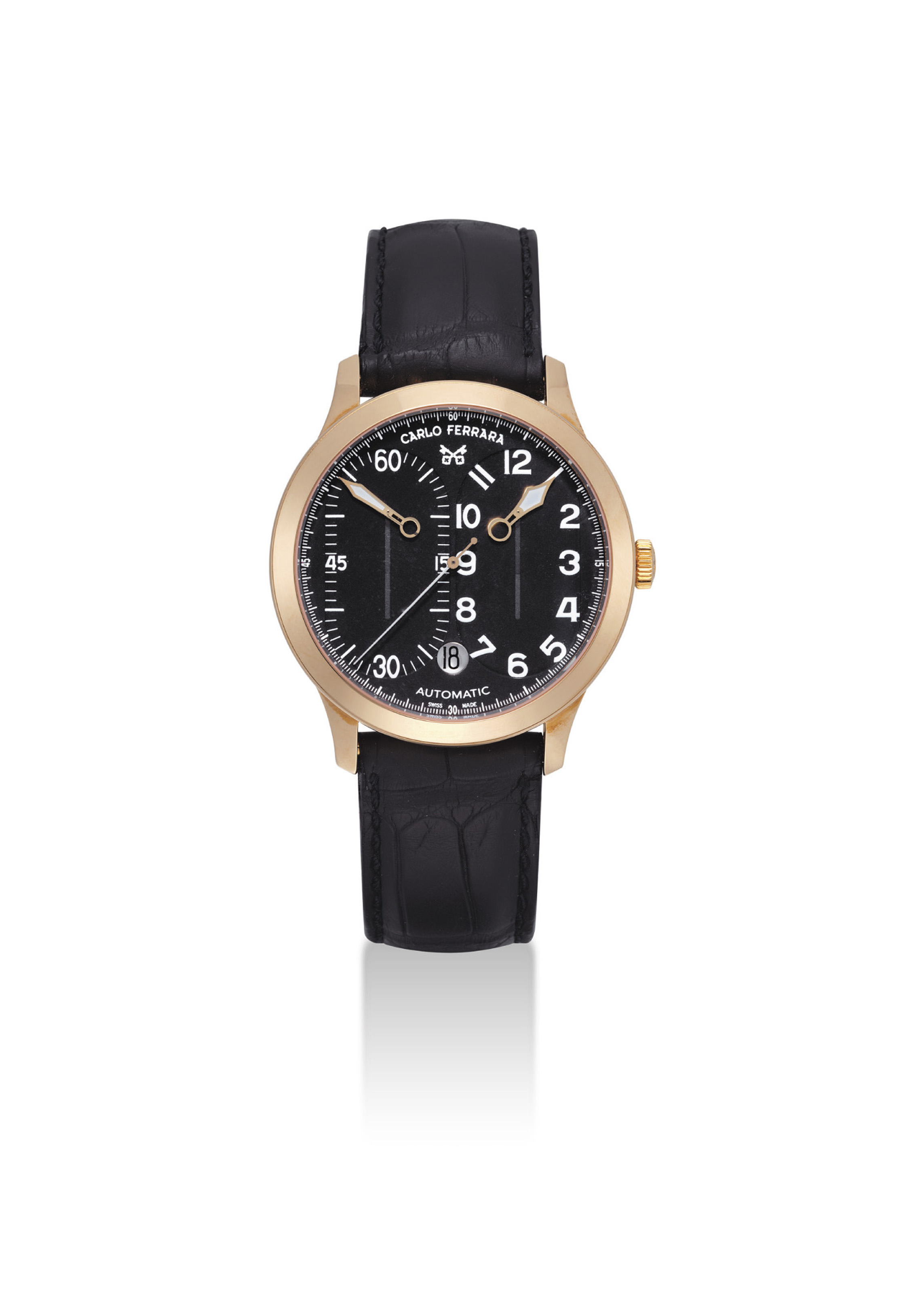 CARLO FERRARA. AN 18K GOLD AUTOMATIC WRISTWATCH WITH SWEEP CENTRE SECONDS AND DATE