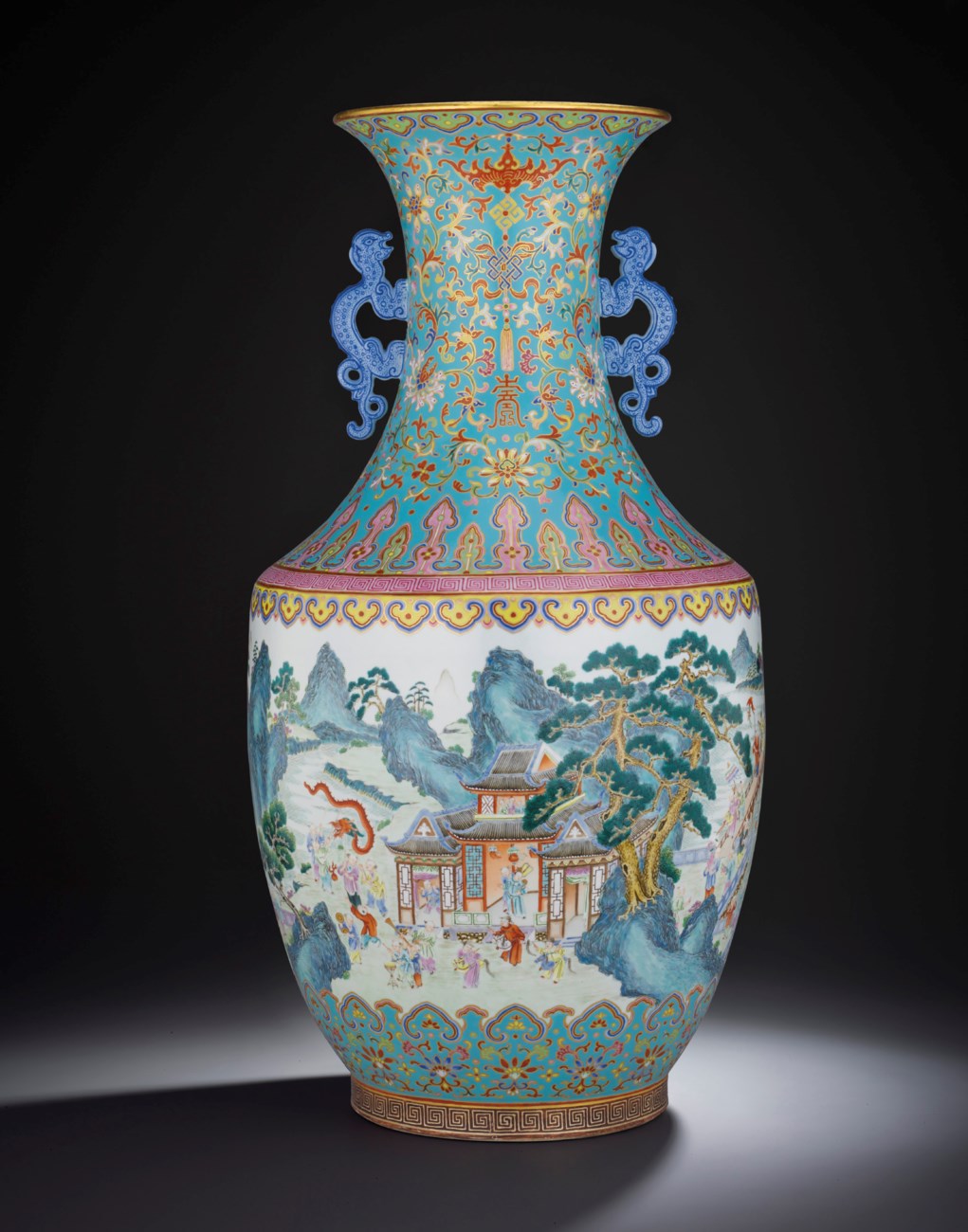 A MAGNIFICENT FINE TURQUOISE-GROUND FAMILLE ROSE 'HUNDRED BOYS' VASE