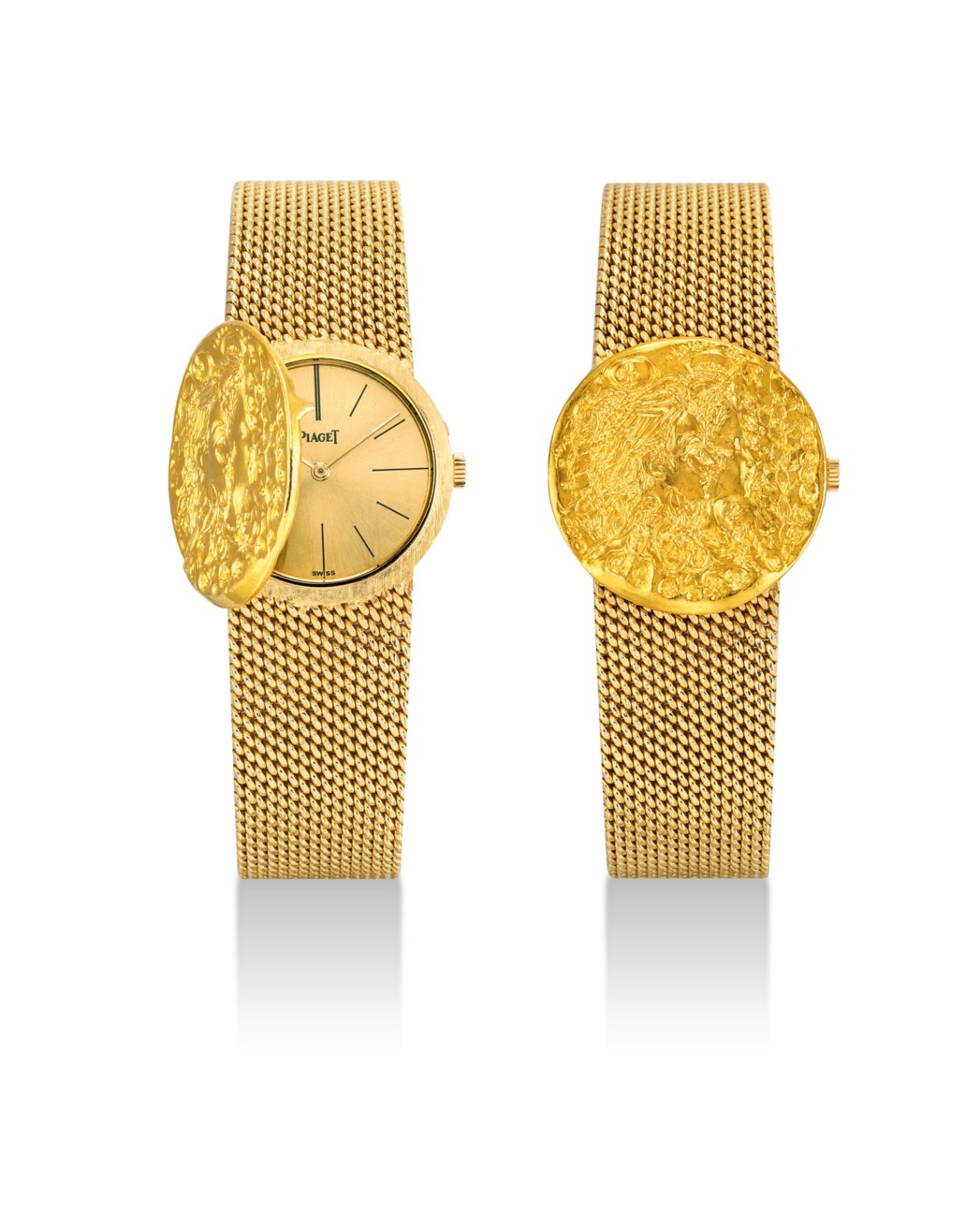 PIAGET. A RARE 18K GOLD DALI D'OR MEDAL BRACELET WATCH WITH ORIGINAL ...