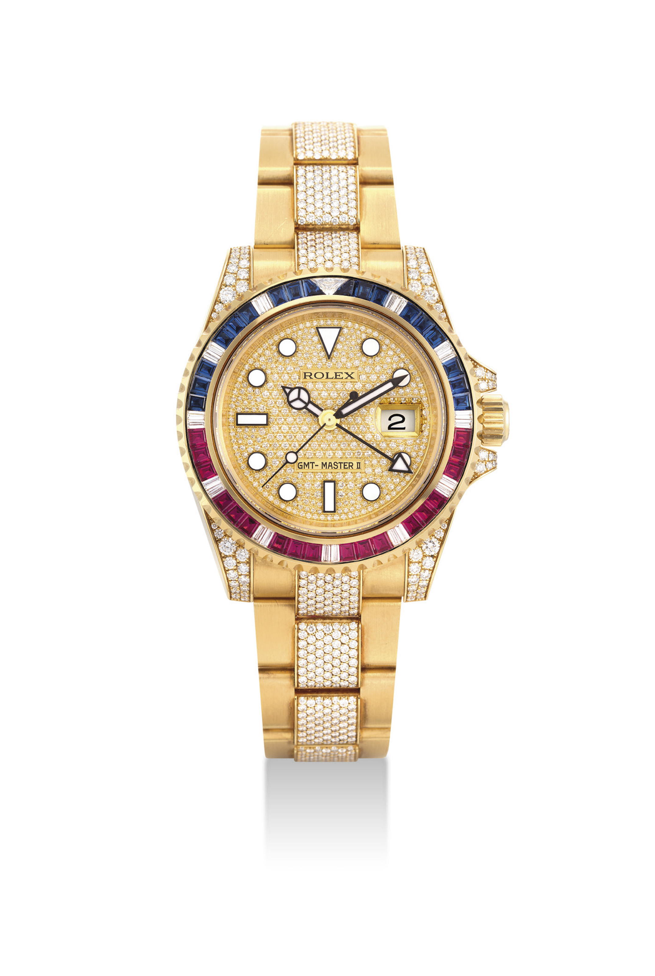 ROLEX. A VERY FINE AND RARE 18K GOLD, DIAMOND, SAPPHIRE AND RUBY-SET ...