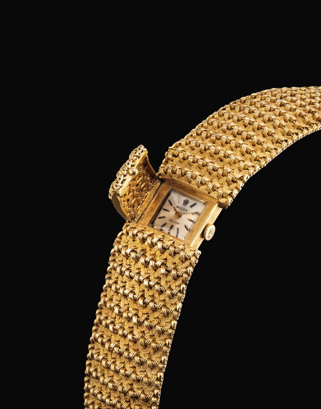 ROLEX. A LADY'S FINE, ATTRACTIVE AND RARE 18K GOLD SQUARE BRACELET ...