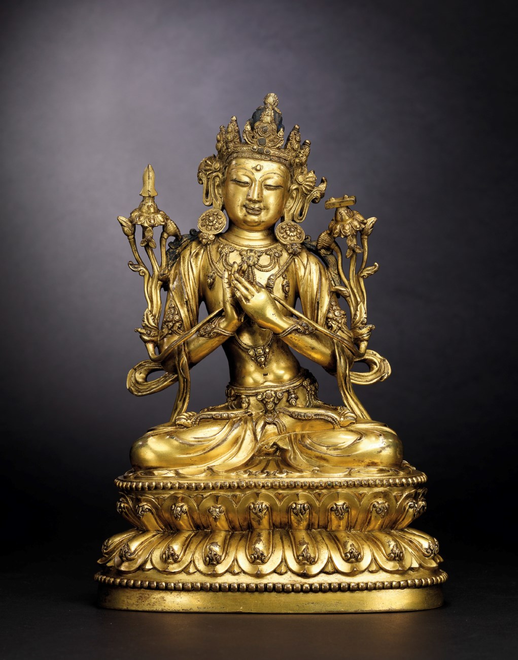 AN EXTREMELY RARE GILT-BRONZE FIGURE OF MANJUSRI , YONGLE INCISED SIX ...
