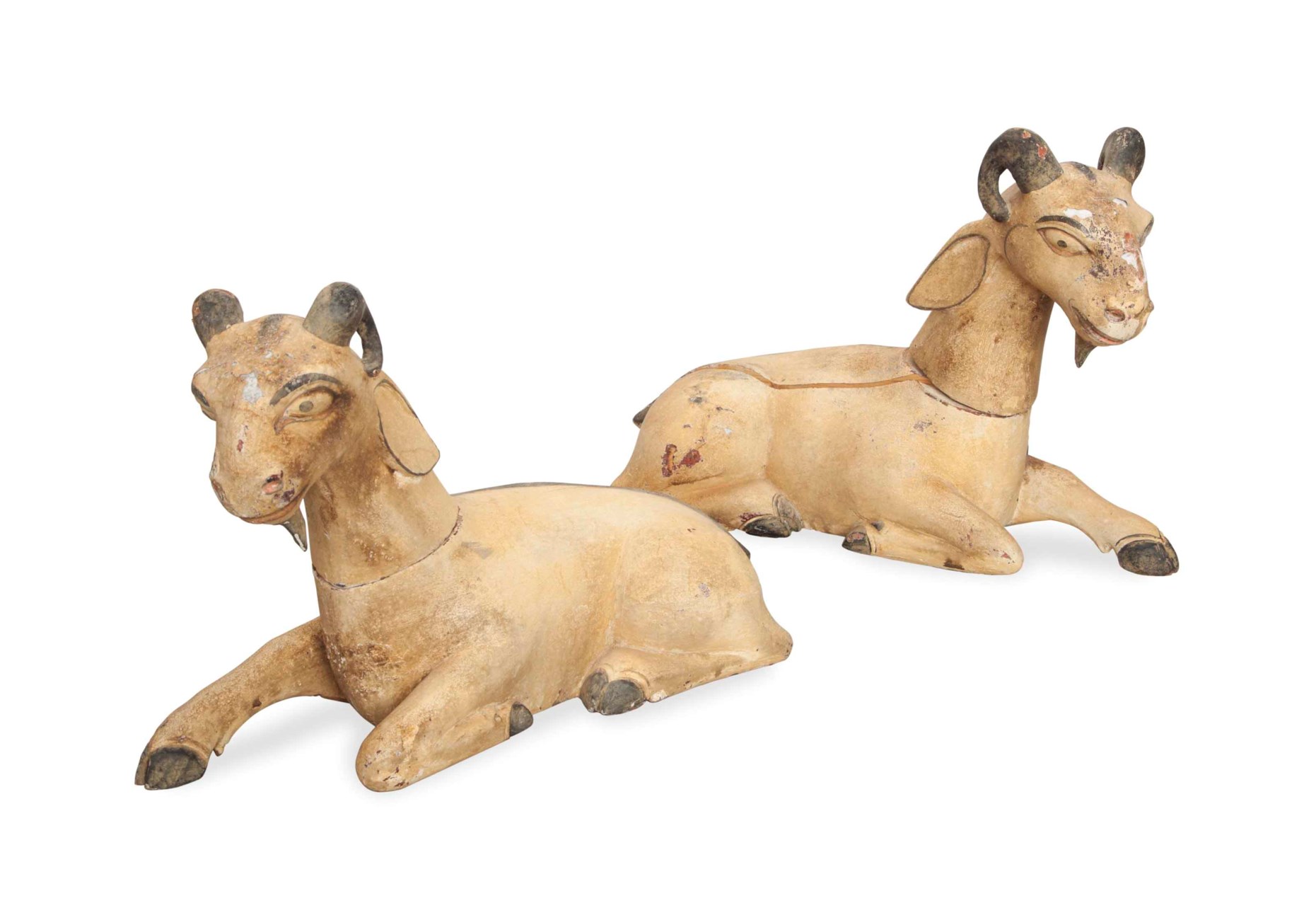 A PAIR OF POLYCHROME-DECORATED FIGURES OF GOATS, , 19TH/20TH CENTURY ...