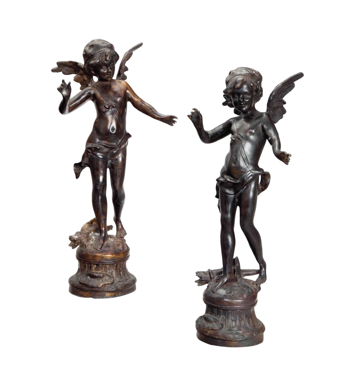 A PAIR OF BRONZE MODELS OF CUPID ENTITLED 'ALERTE', , 20TH CENTURY ...