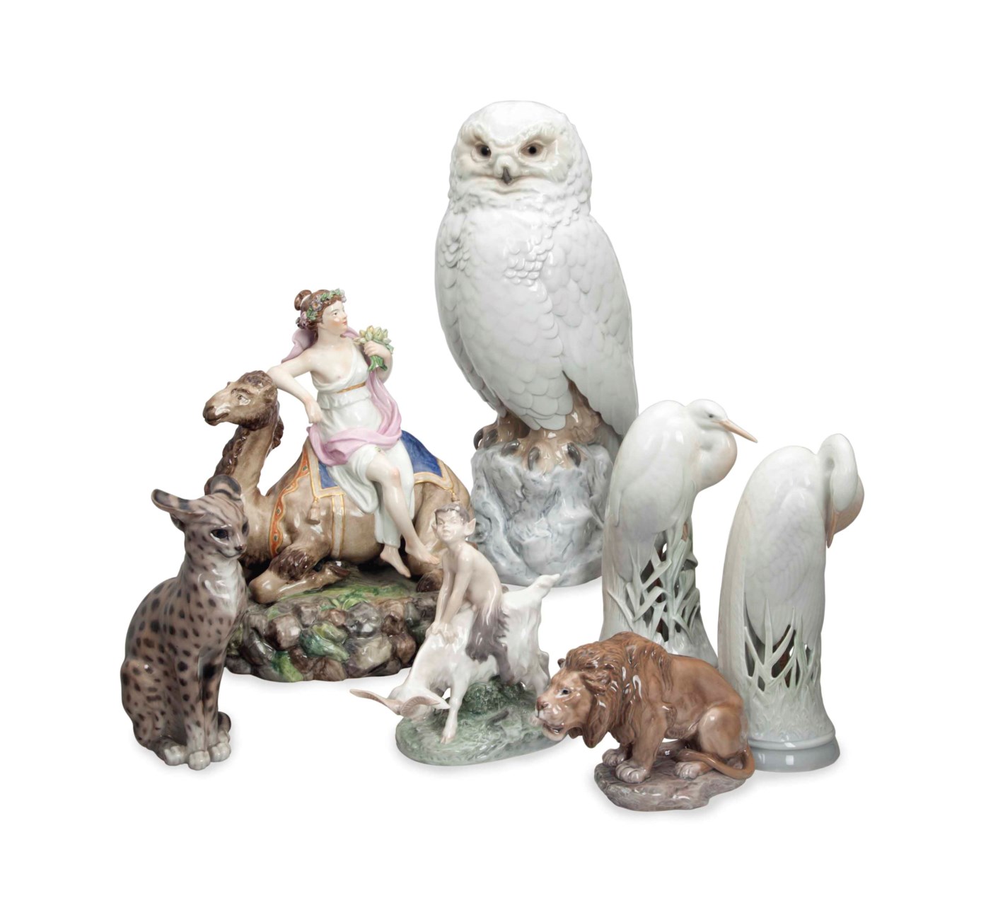 SEVEN DANISH PORCELAIN FIGURES, , FIVE WITH TRIPLE BLUE WAVE MARK FOR ...