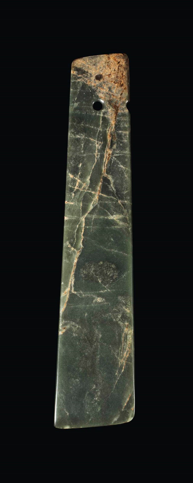 A MOTTLED GREENISH-GREY AND DARK BROWN JADE AXE , NEOLITHIC PERIOD OR ...