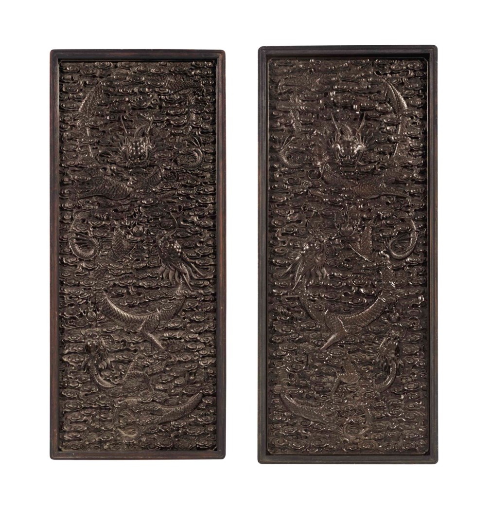 A PAIR OF FINELY CARVED ZITAN 'DRAGON' PANELS , 18TH/19TH CENTURY ...