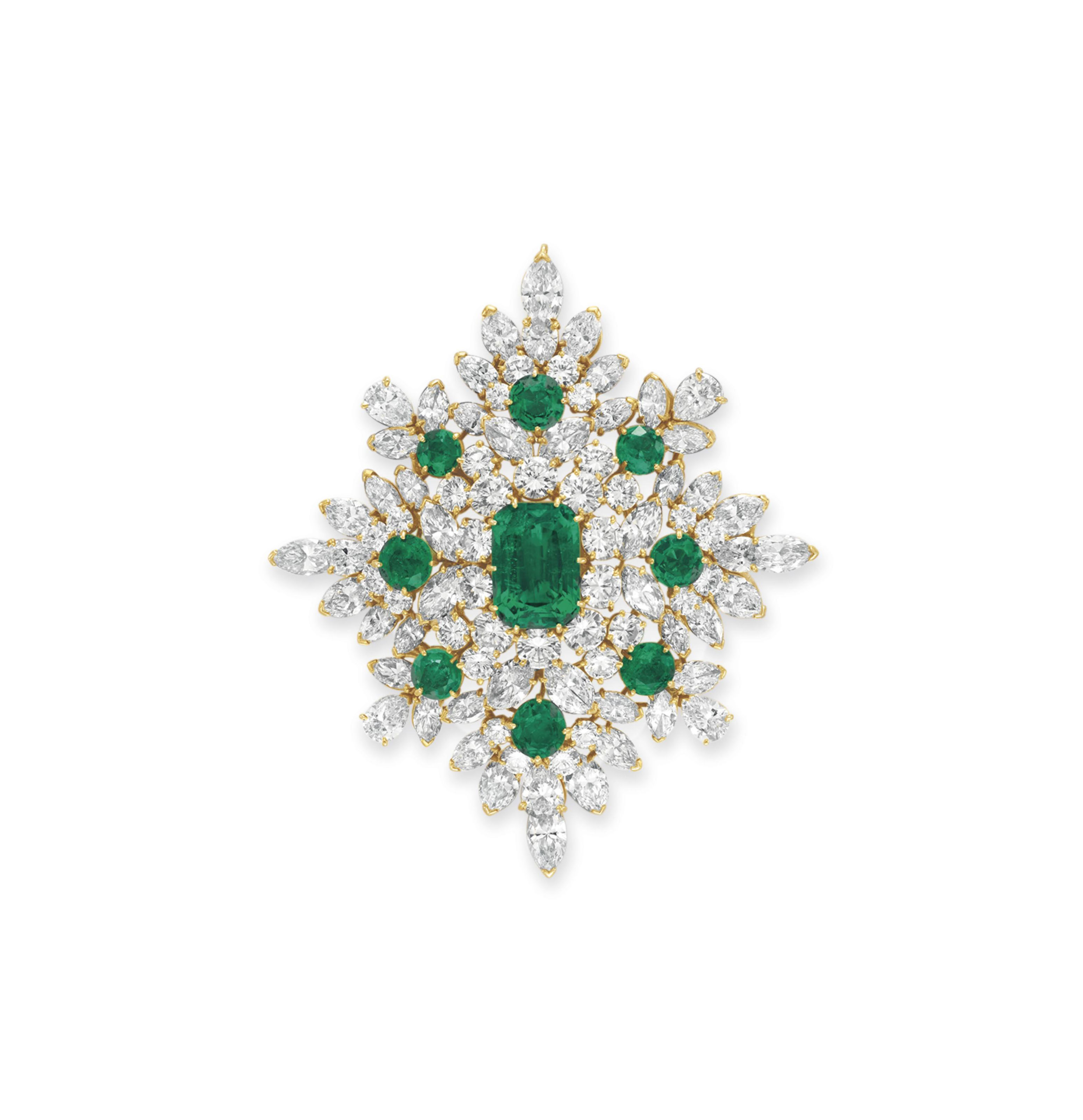 AN HISTORIC EMERALD AND DIAMOND BROOCH, BY VAN CLEEF & ARPELS