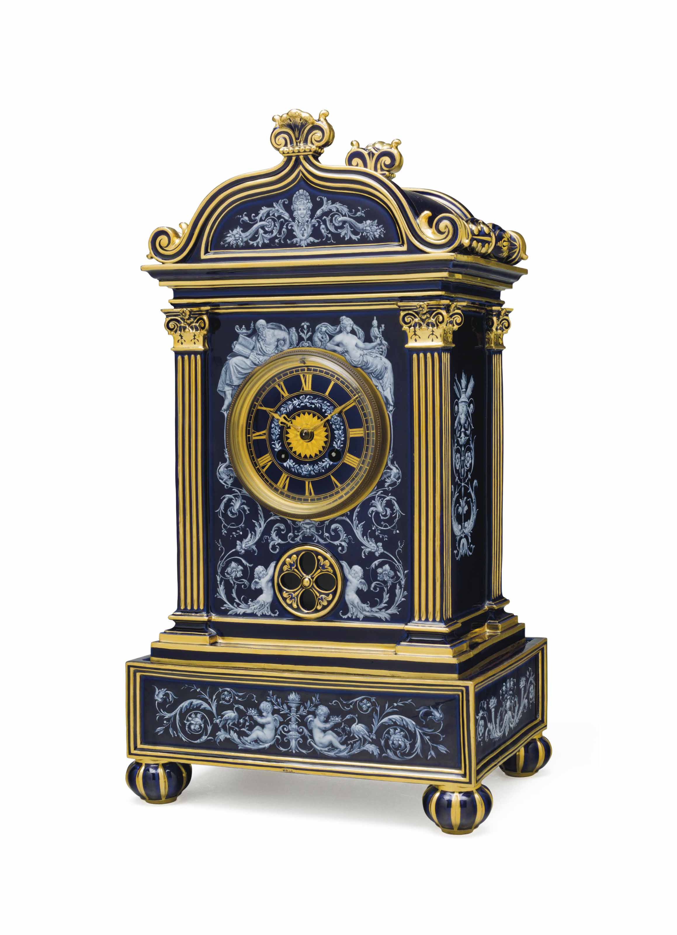 A MEISSEN PORCELAIN COBALT-BLUE GROUND MANTEL CLOCK