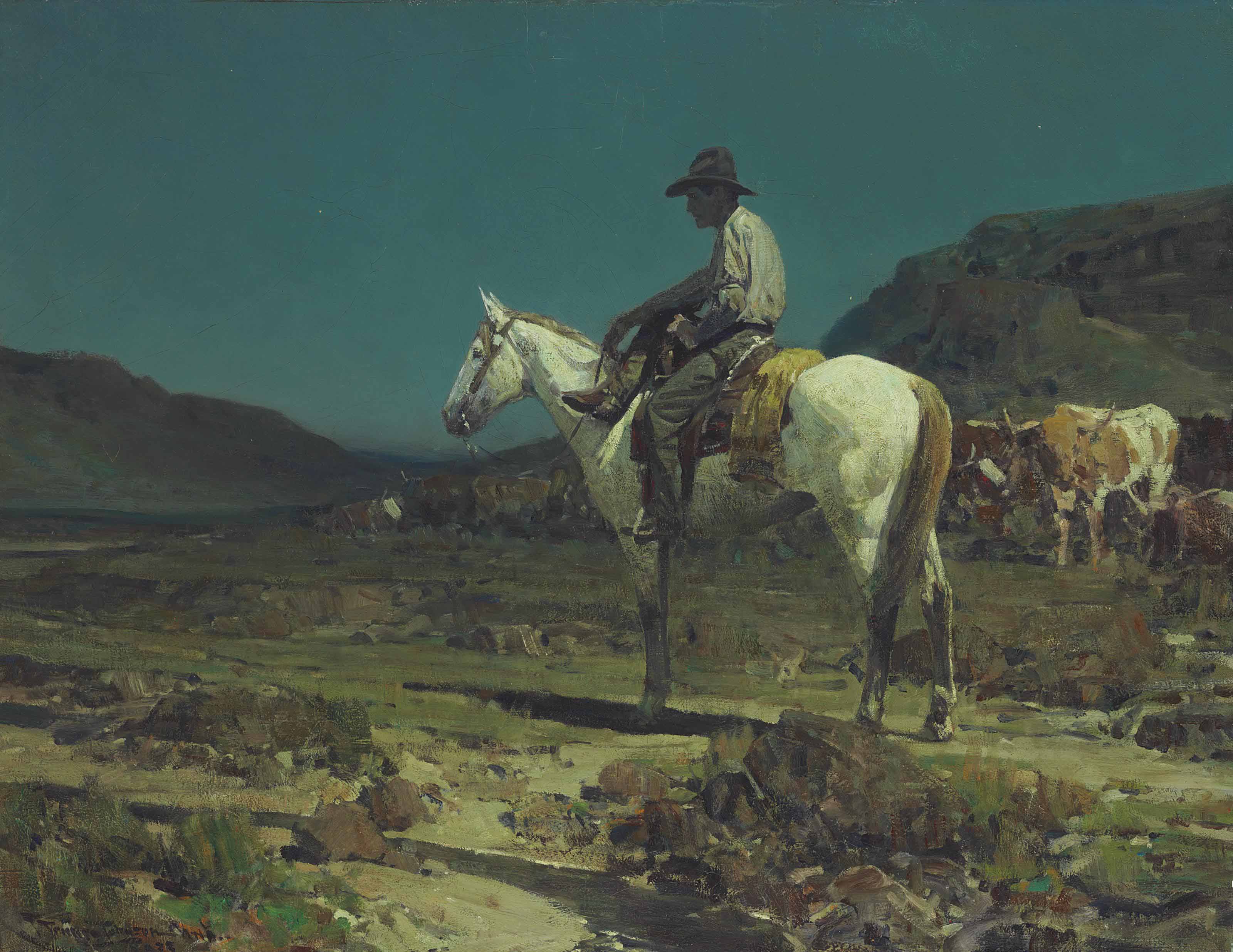 Frank Tenney Johnson (1874-1939) , Singing to the Steers | Christie's