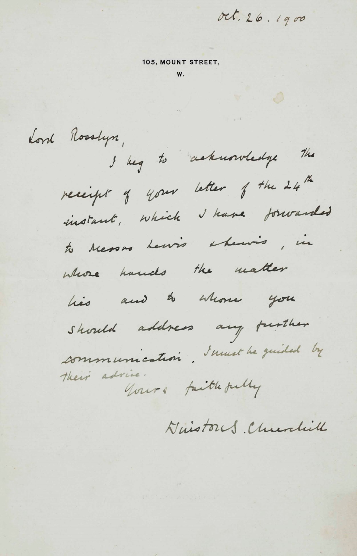 CHURCHILL, Winston S. Autograph letter signed ("Winston S. Churchill ...
