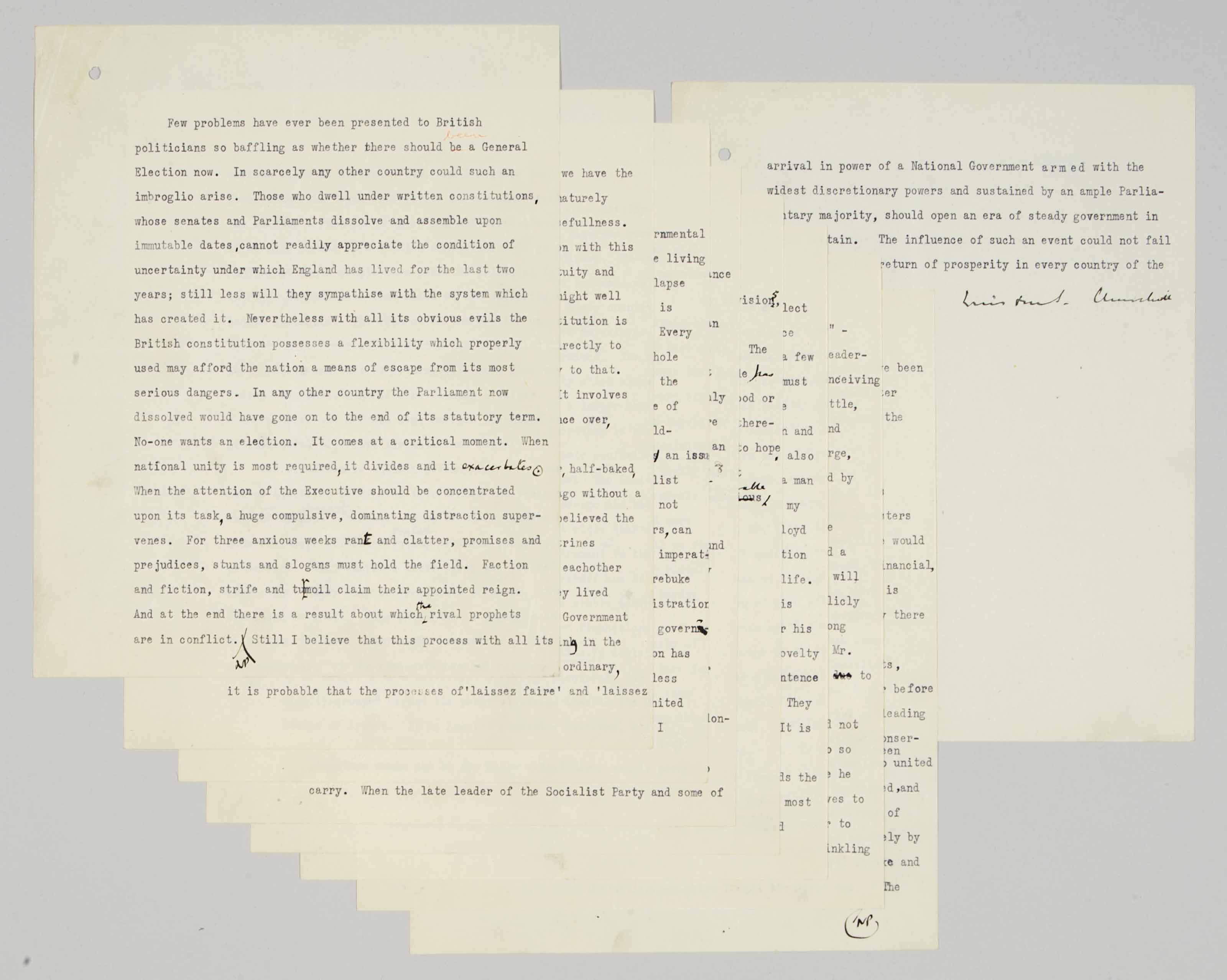 CHURCHILL, Winston S. Draft typescript signed ("Winston S. Churchill ...