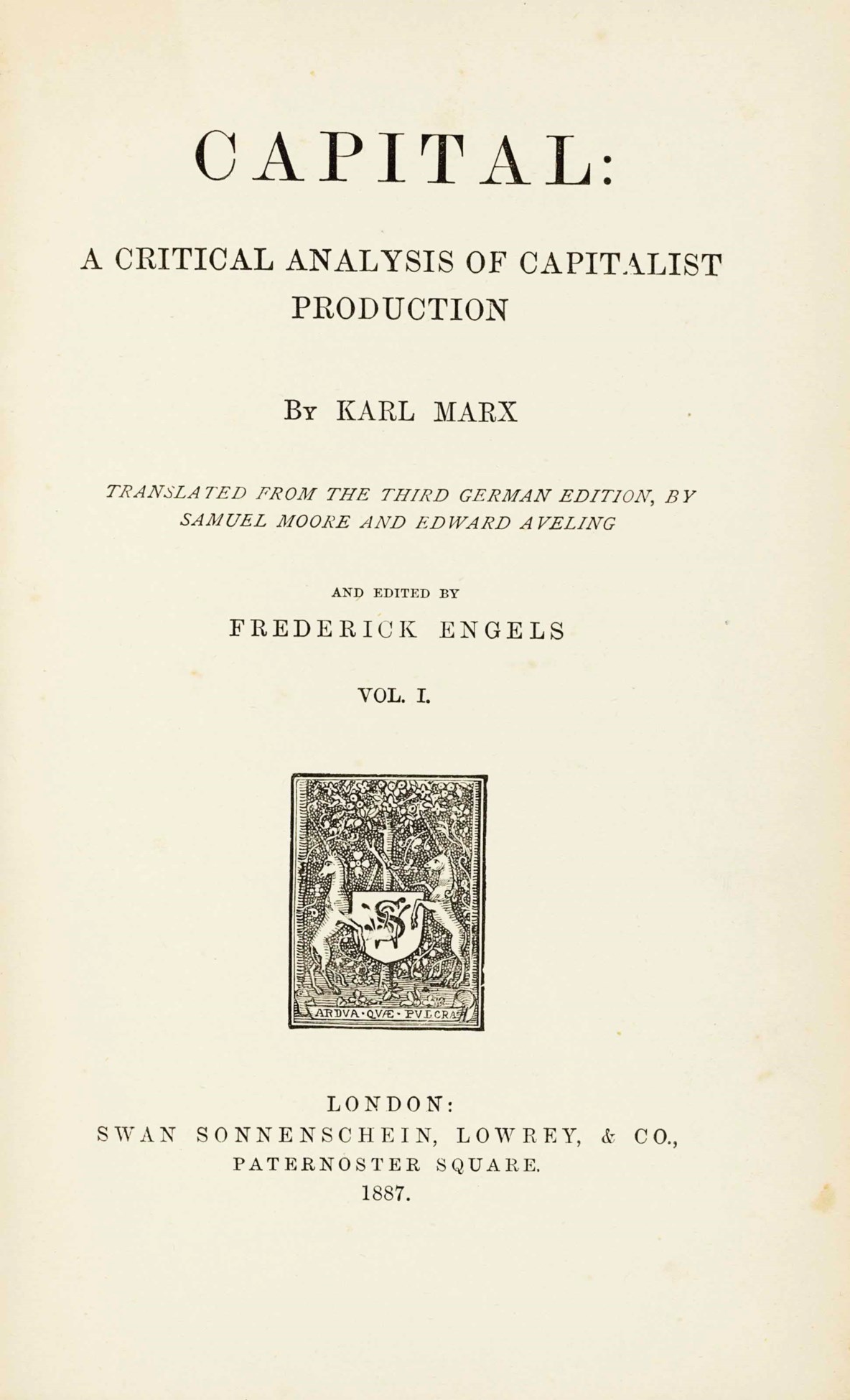 MARX, Karl (1818-1883). Capital: A Critical Analysis of Capitalist ...