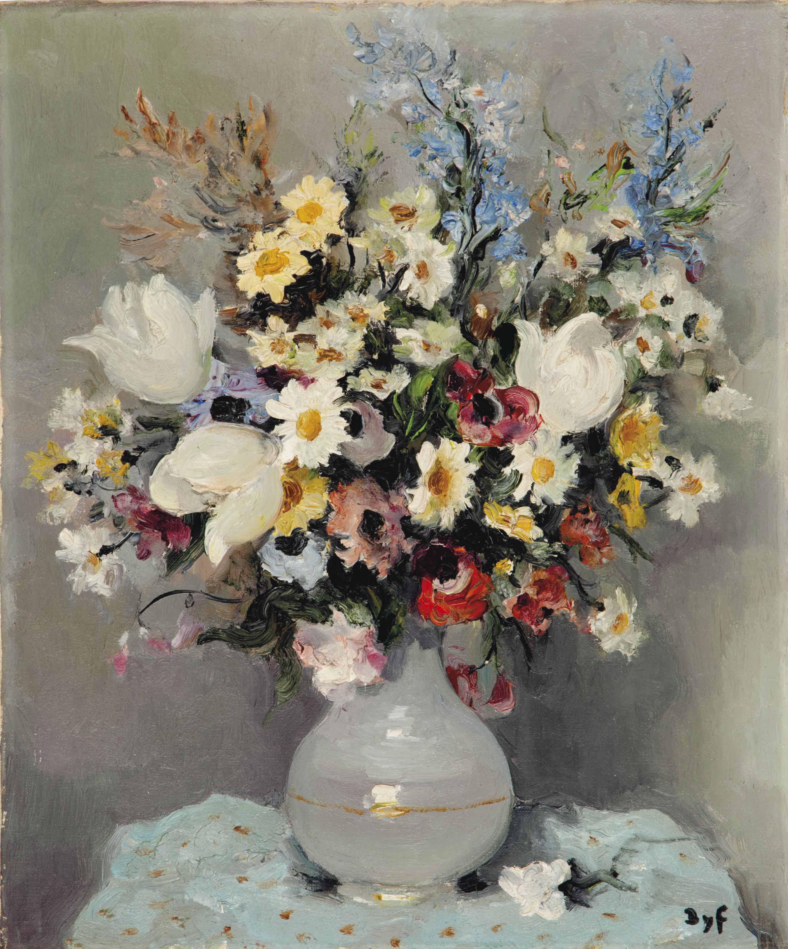 Marcel Dyf (French, 1899-1985) , Tulipes et Iris au vase d'opaline ...