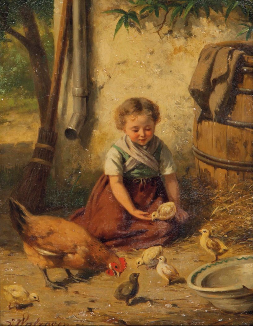 Jan Walraven (Dutch, 1827-1863), A young girl playing with chickens ...