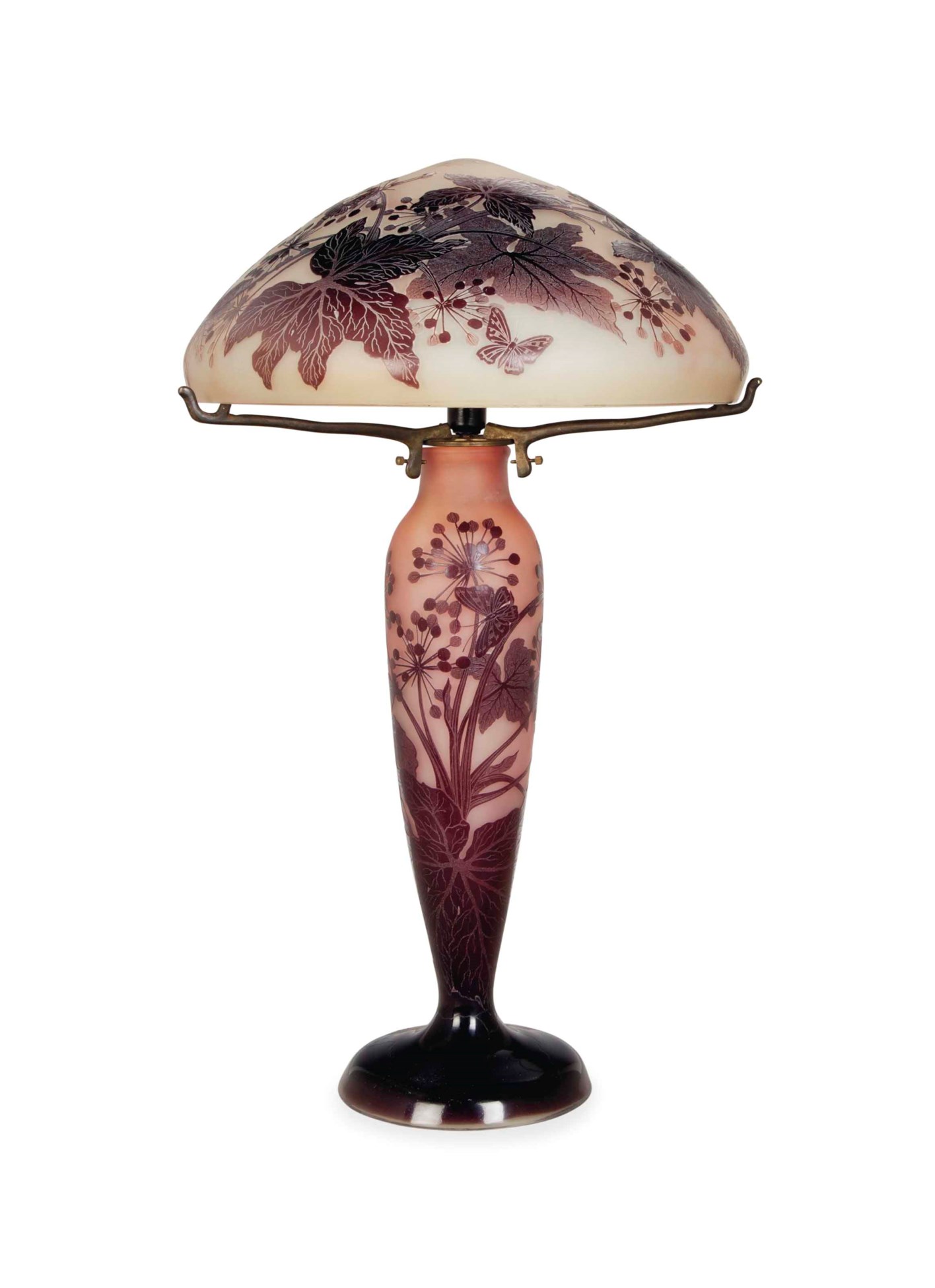 A FRENCH ETCHED CAMEO GLASS LAMP AND SHADE,, THE BASE AND SHADE SIGNED ...