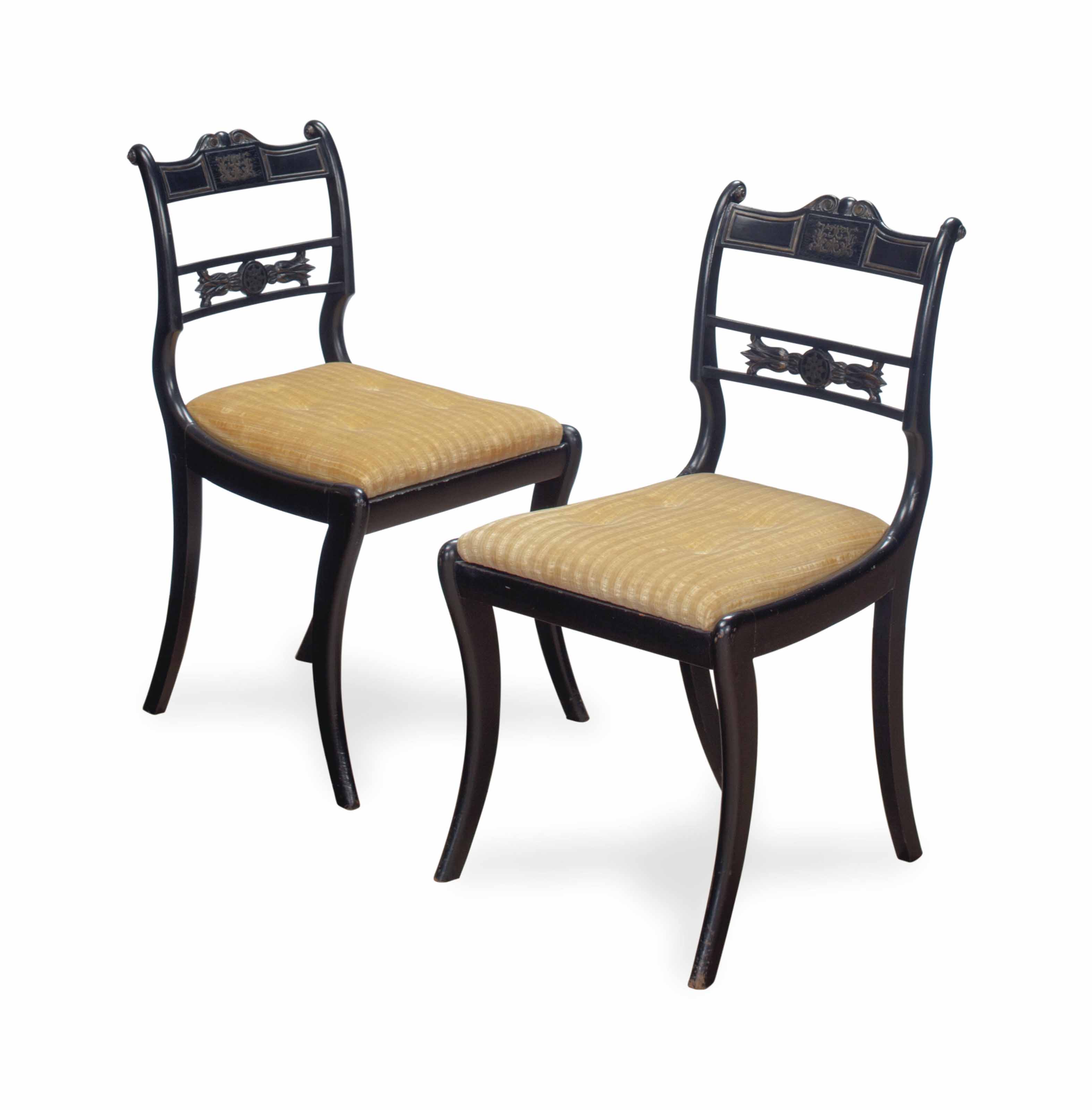 A SET OF FOUR REGENCY BRASS-INLAND EBONIZED SIDE CHAIRS,