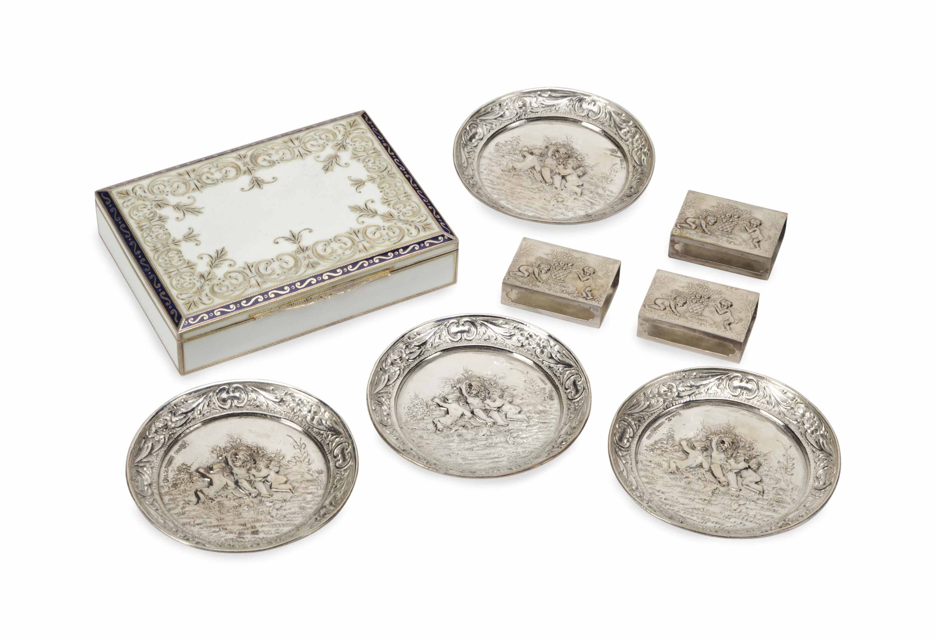 AN AUSTRIAN SILVER AND ENAMEL BOX, AND A SET OF TWELVE GERMAN SILVER ...