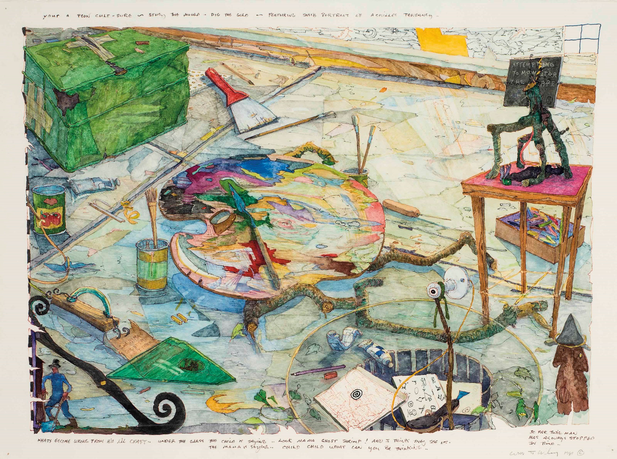 William T. Wiley (b. 1937) , Attempting to Monitor the Ape | Christie's