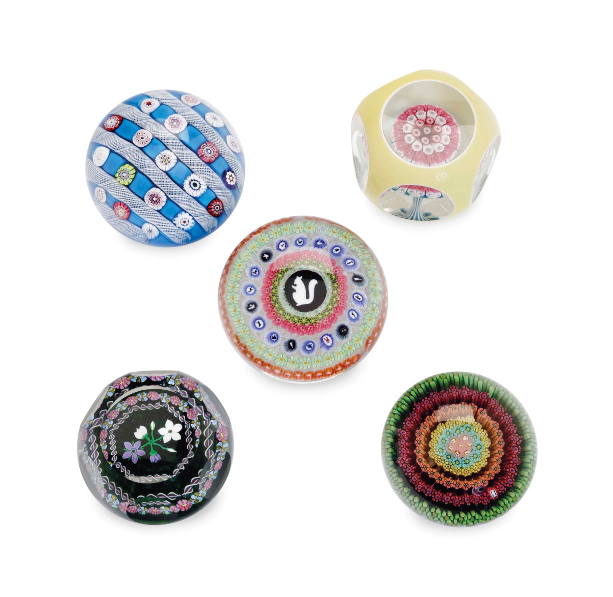 FIVE FRENCH INTERNALLY DECORATED GLASS PAPERWEIGHTS,, THREE WITH ACID ...