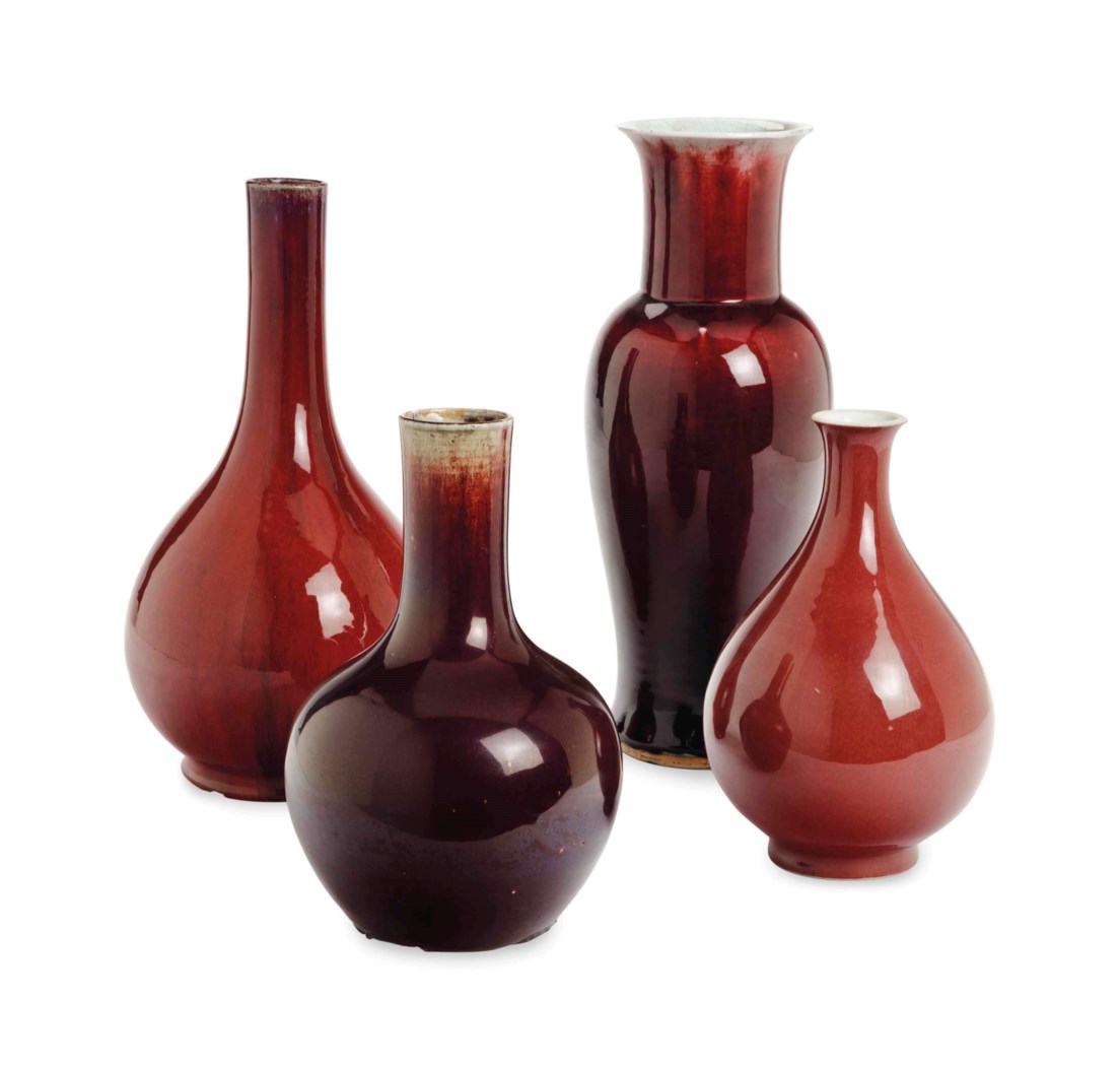 FOUR CHINESE COPPER RED GLAZED VASES,