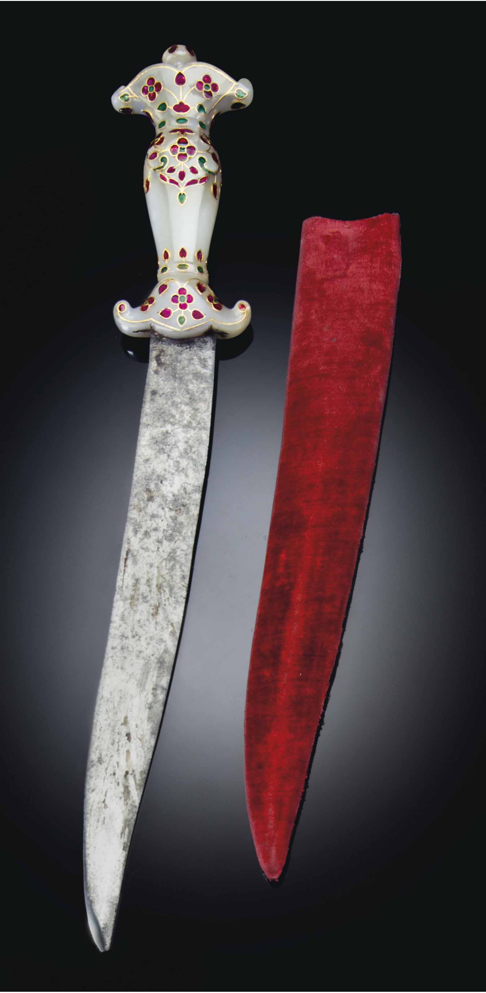 A MUGHAL GOLD AND 'JEWEL'-INLAID WHITE JADE-HILTED DAGGER