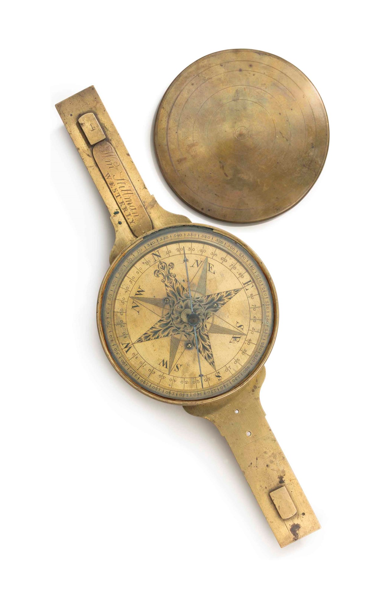 AN ENGRAVED BRASS SURVEYOR'S COMPASS, SIGNED BY DEACON WILLIAM STILLMAN ...