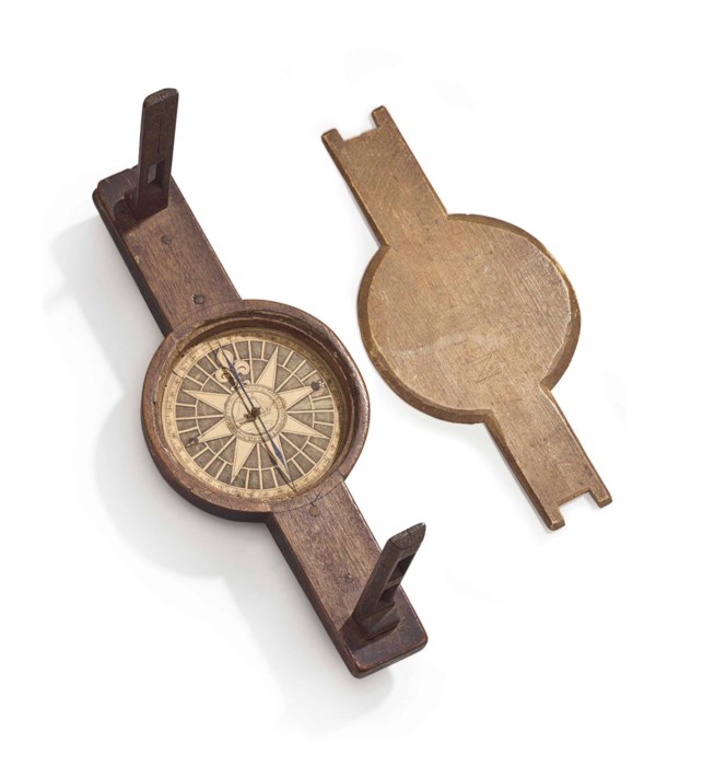 A WALNUT SURVEYOR'S COMPASS, THE PAPER DIAL SIGNED BY JOHN DUPEE (1729 ...